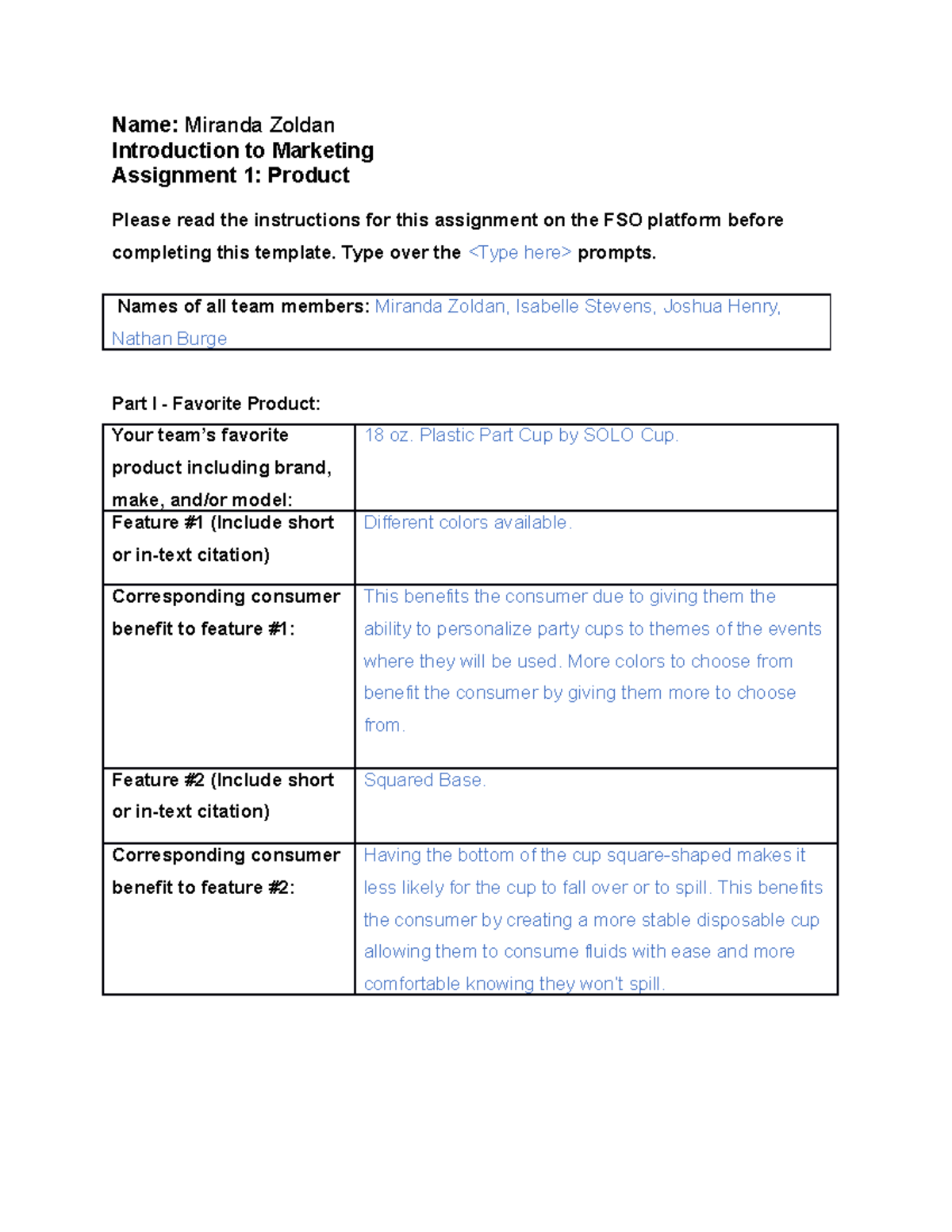 Group Assignment 1 - Name: Miranda Zoldan Introduction to Marketing ...