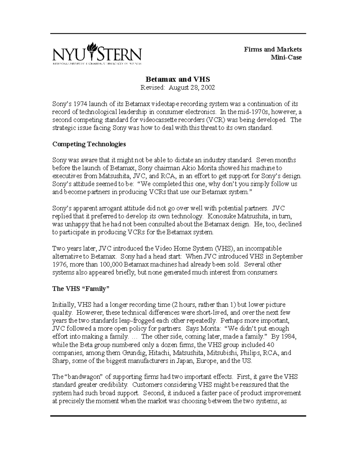 Betamax vs VHS case study - Betamax and VHS Revised: August 28, 2002 ...