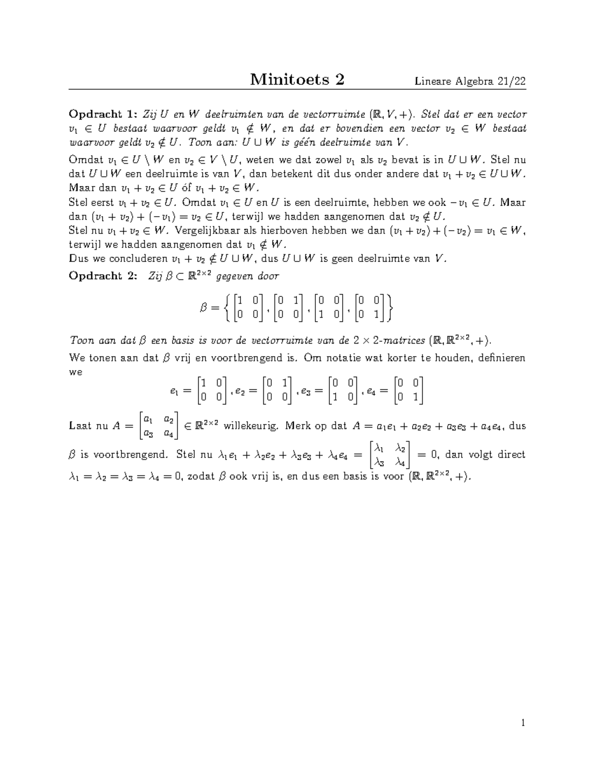 Lineaire Algebra toetsje oefenen - Minitoets 2 Lineare Algebra 21 ...
