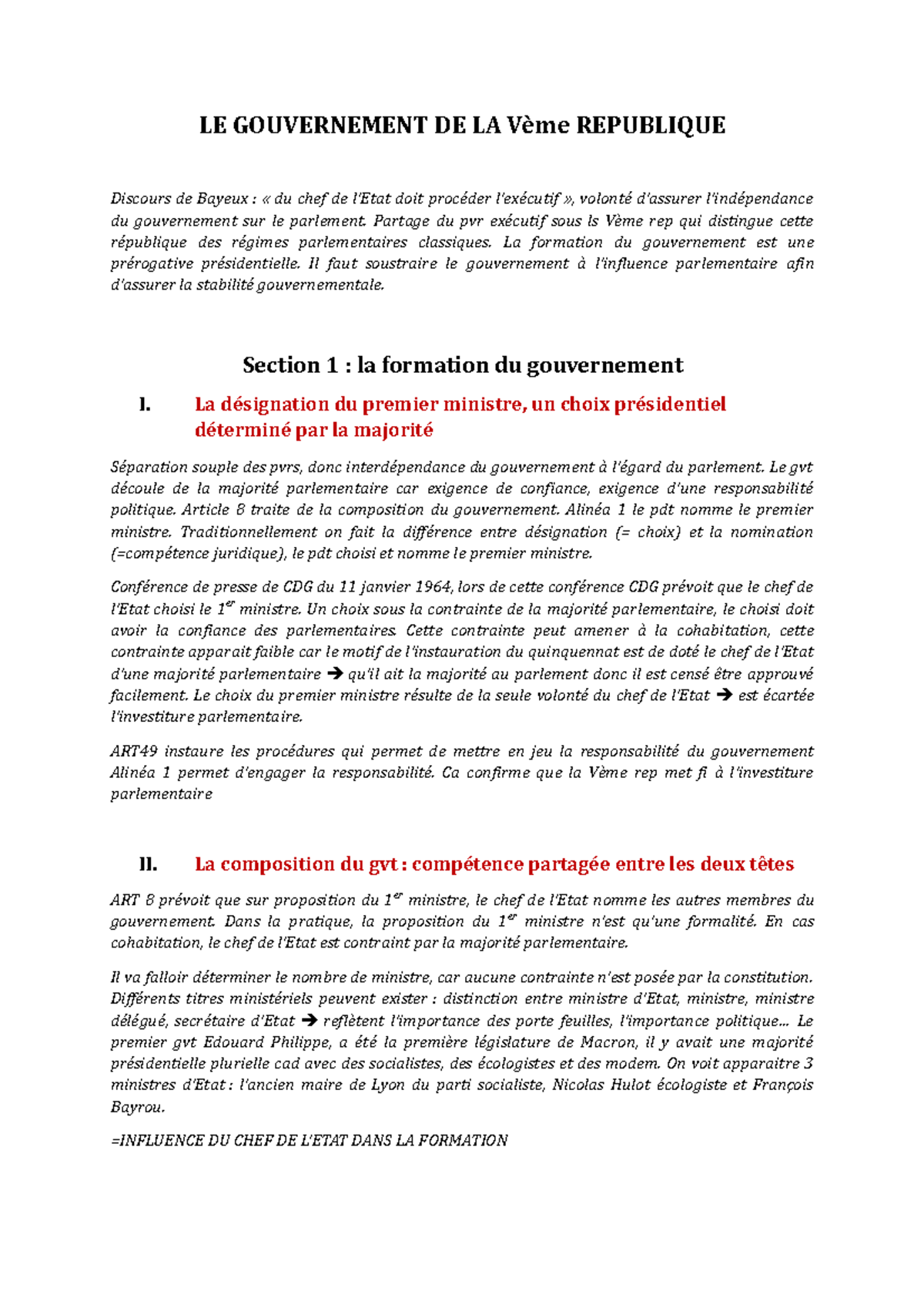 Gvt de la Vème rep - Notes de cours - LE GOUVERNEMENT DE LA Vème ...