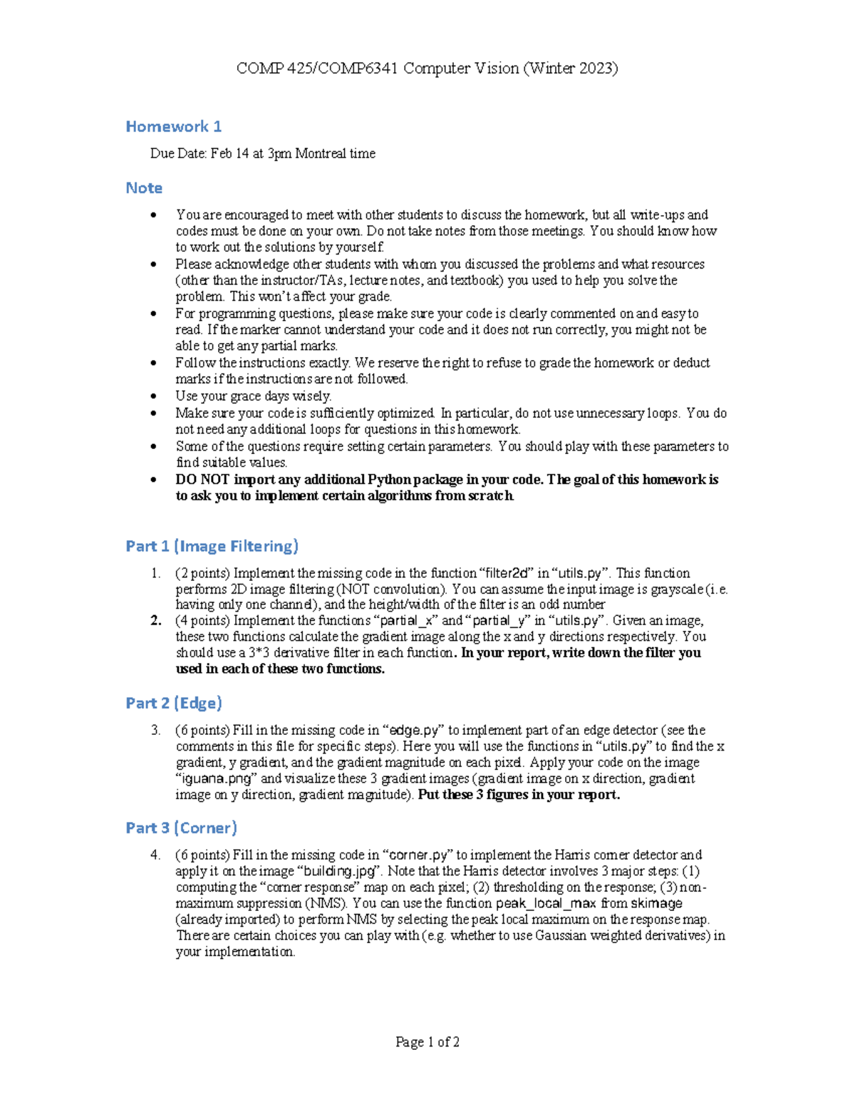 Hw1 - Assignment 1 - COMP 425/COMP6341 Computer Vision (Winter 2023) Page 1 of 2 Homework 1 Due ...