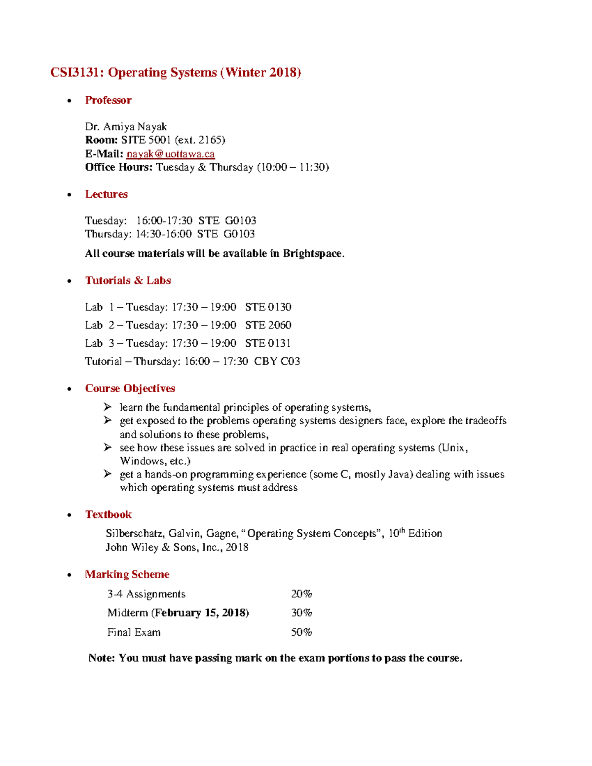 Course-outline - course outline - CSI3131: Operating Systems (Winter 2018) Professor Dr. Amiya ...