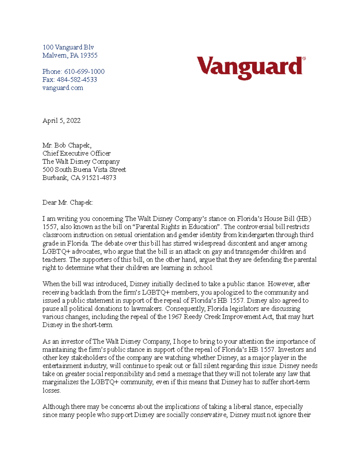 WRIT340 Paper #3 - 100 Vanguard Blv Malvern, PA 19355 Phone: 610-699 ...