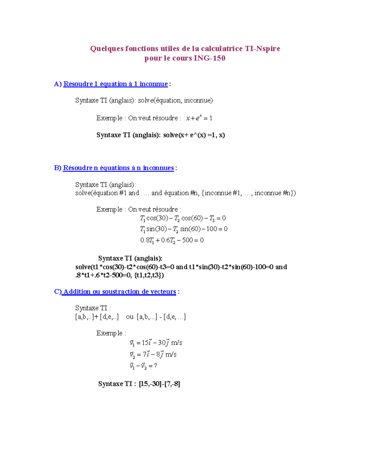 Fonction sur la ti - note de cours - Quelques fonctions utiles de la ...