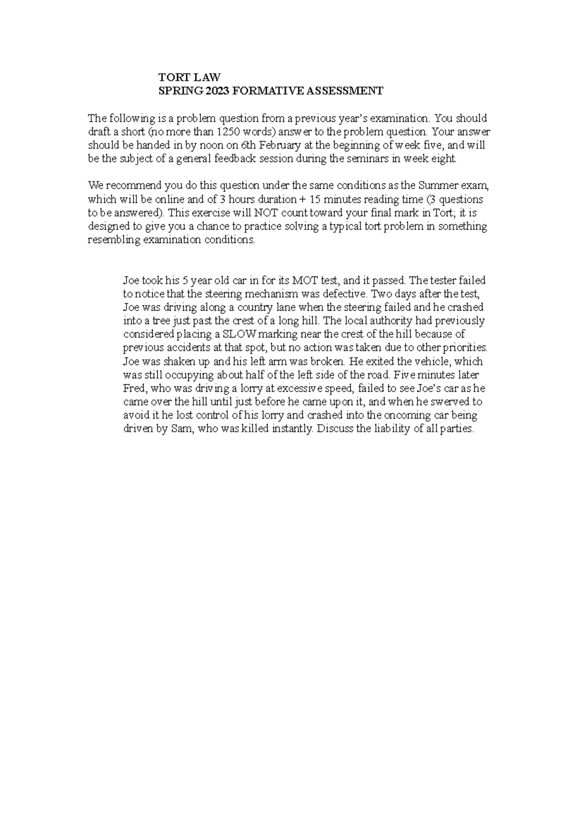 Tort Formative Problem Question 2023 - TORT LAW SPRING 2023 FORMATIVE ...