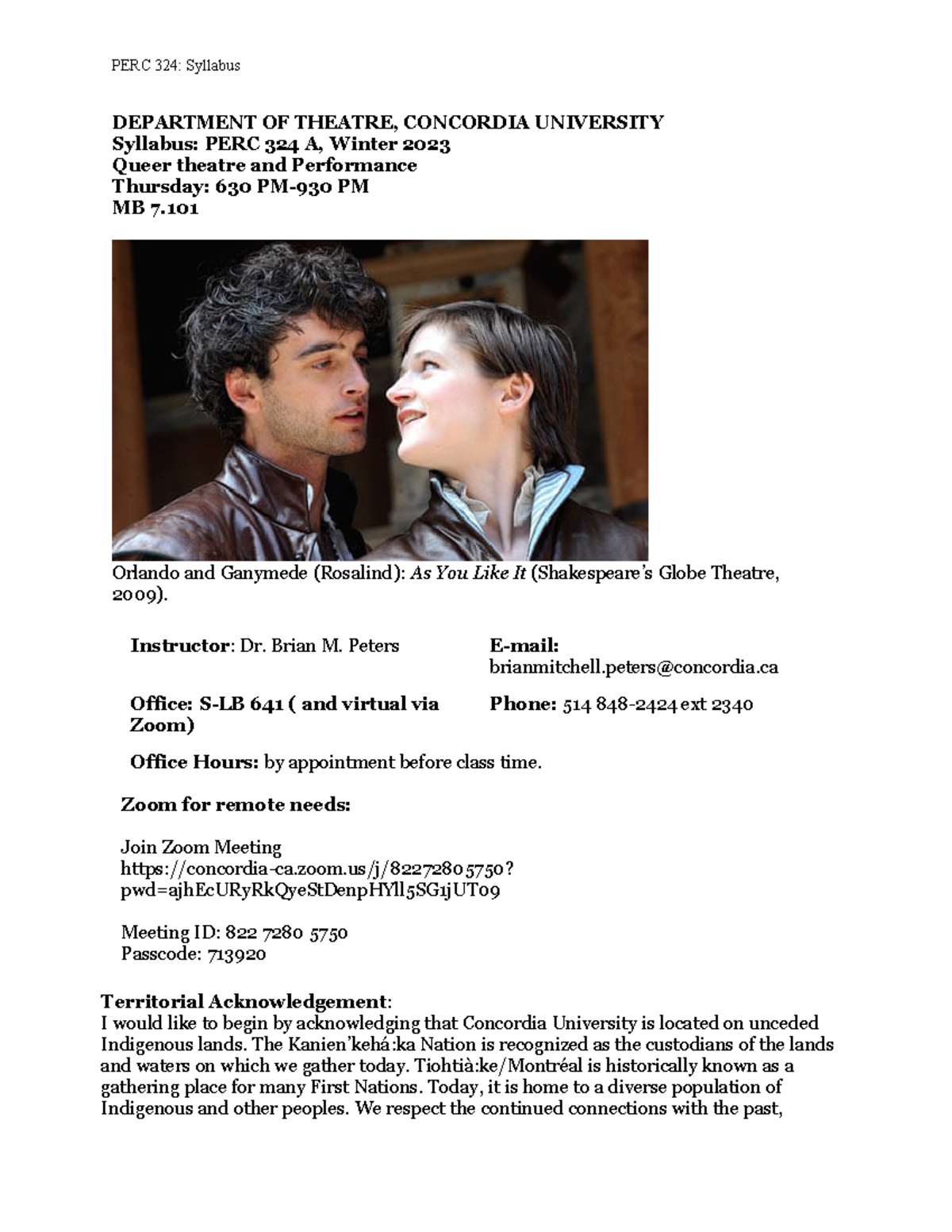 PERC 324 Syllabus - Course Outline - DEPARTMENT OF THEATRE, CONCORDIA ...