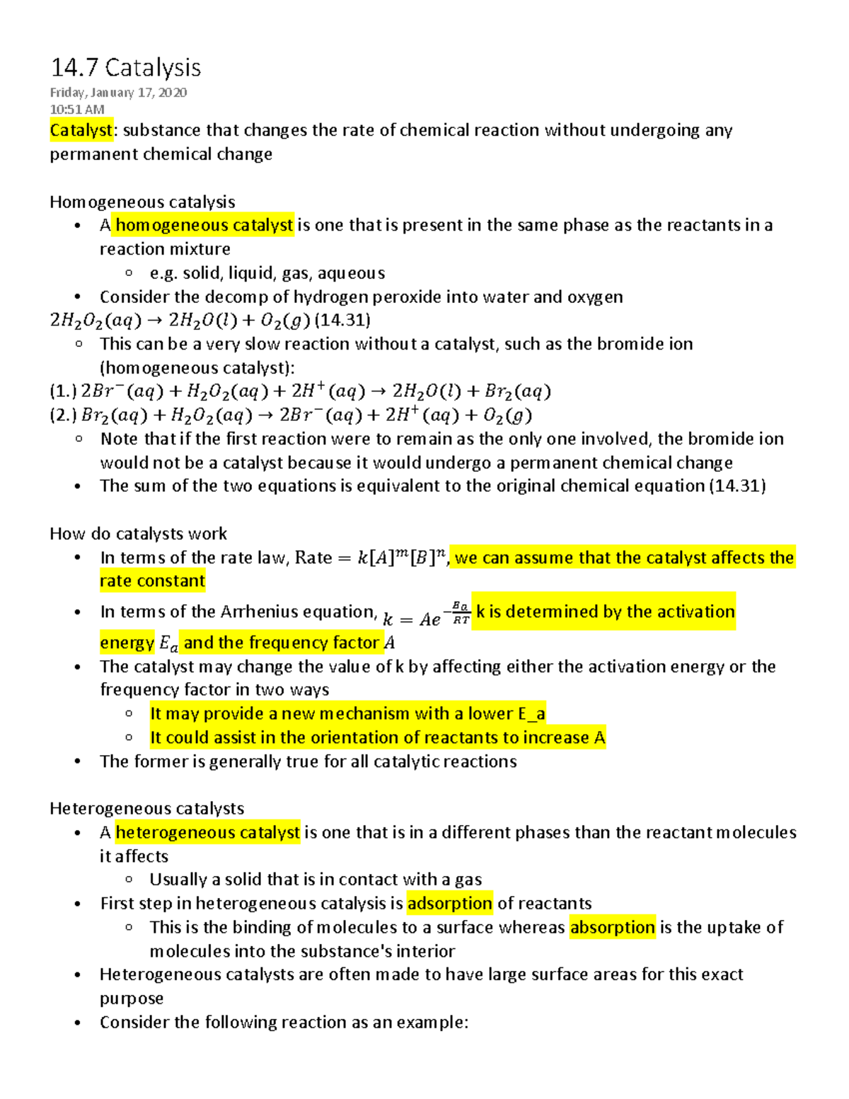 CEM 152 Chapter 14.7 - 14 Catalysis Friday, January 17, 2020 10:51 AM Catalyst: substance that ...
