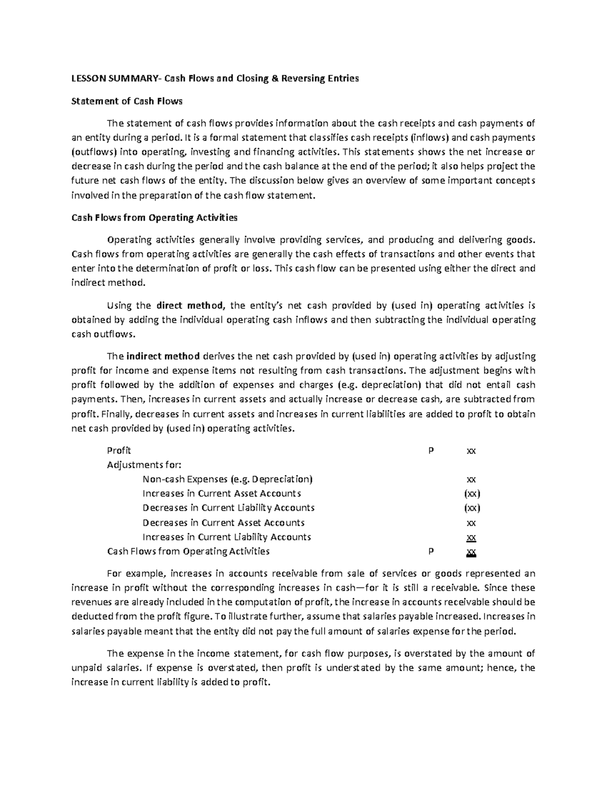 Tutorials Cash Flows Closing Reversing Discussion - LESSON SUMMARY- Cash Flows and Closing ...