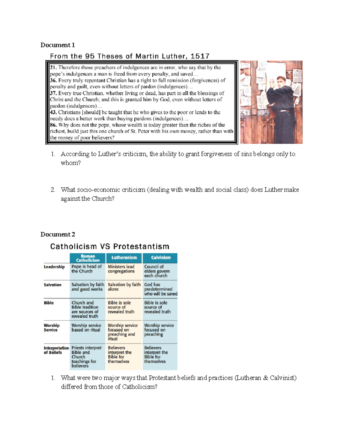 The Reformation Source-Based Questions - Document 1 According to Luther ...