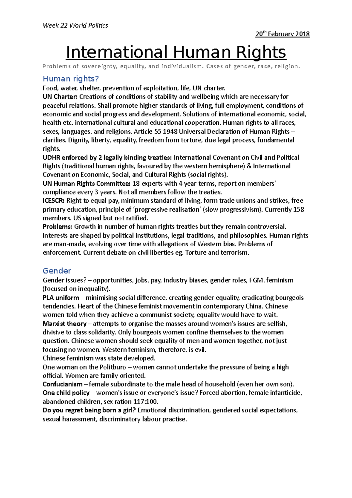 International Human Rights - Week 22 World Politics 20th February 2018 ...