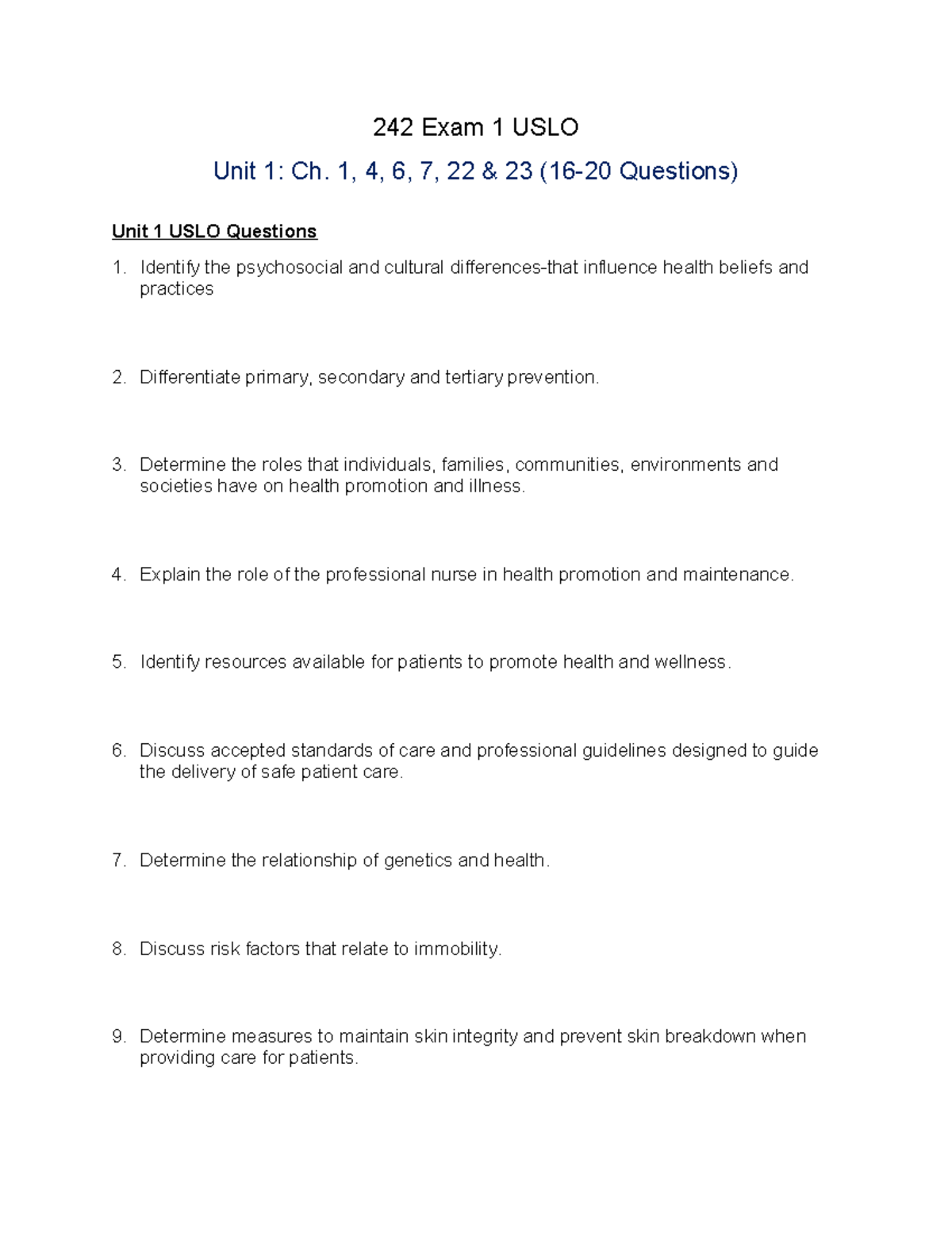242 USLO review - exam 1 study material - 242 Exam 1 USLO Unit 1: Ch. 1 ...
