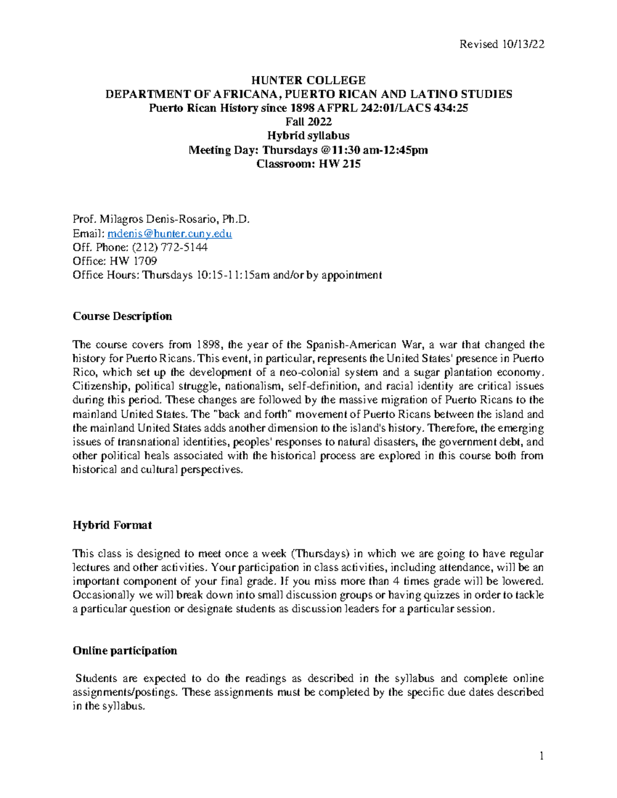 AFPRL 242 Fall2022 syllabus- Revised 10-13-22 - HUNTER COLLEGE ...