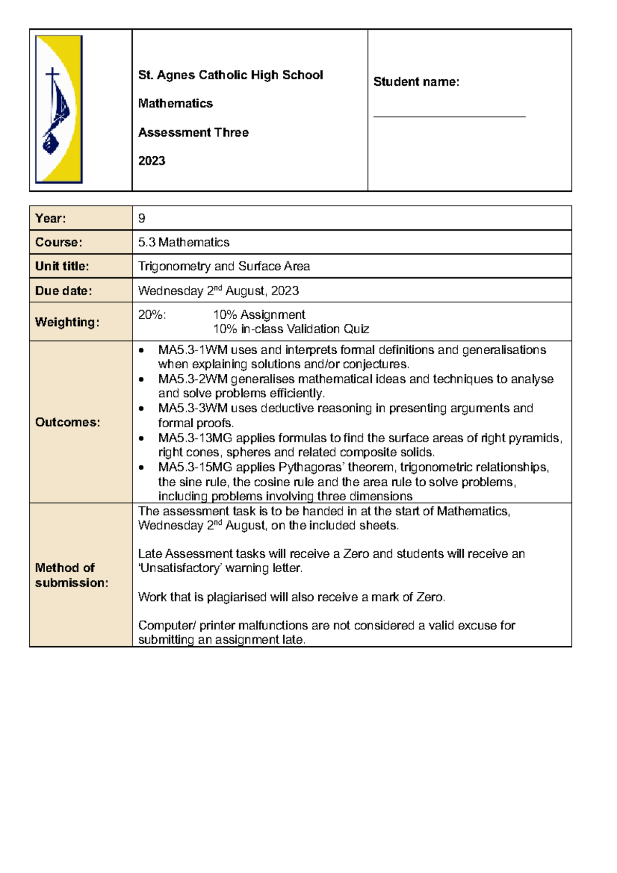 53 AT3 Assignment - this is an assessment for math. - St. Agnes ...