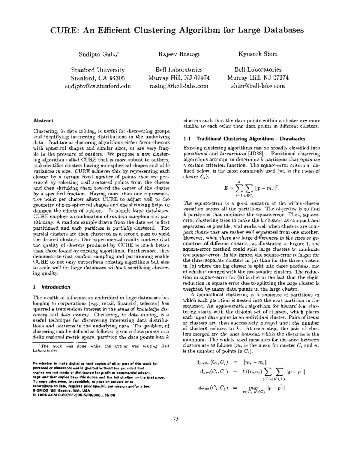 P73-guha - dewwwds - CURE: An Efficient Clustering Algorithm for Large ...
