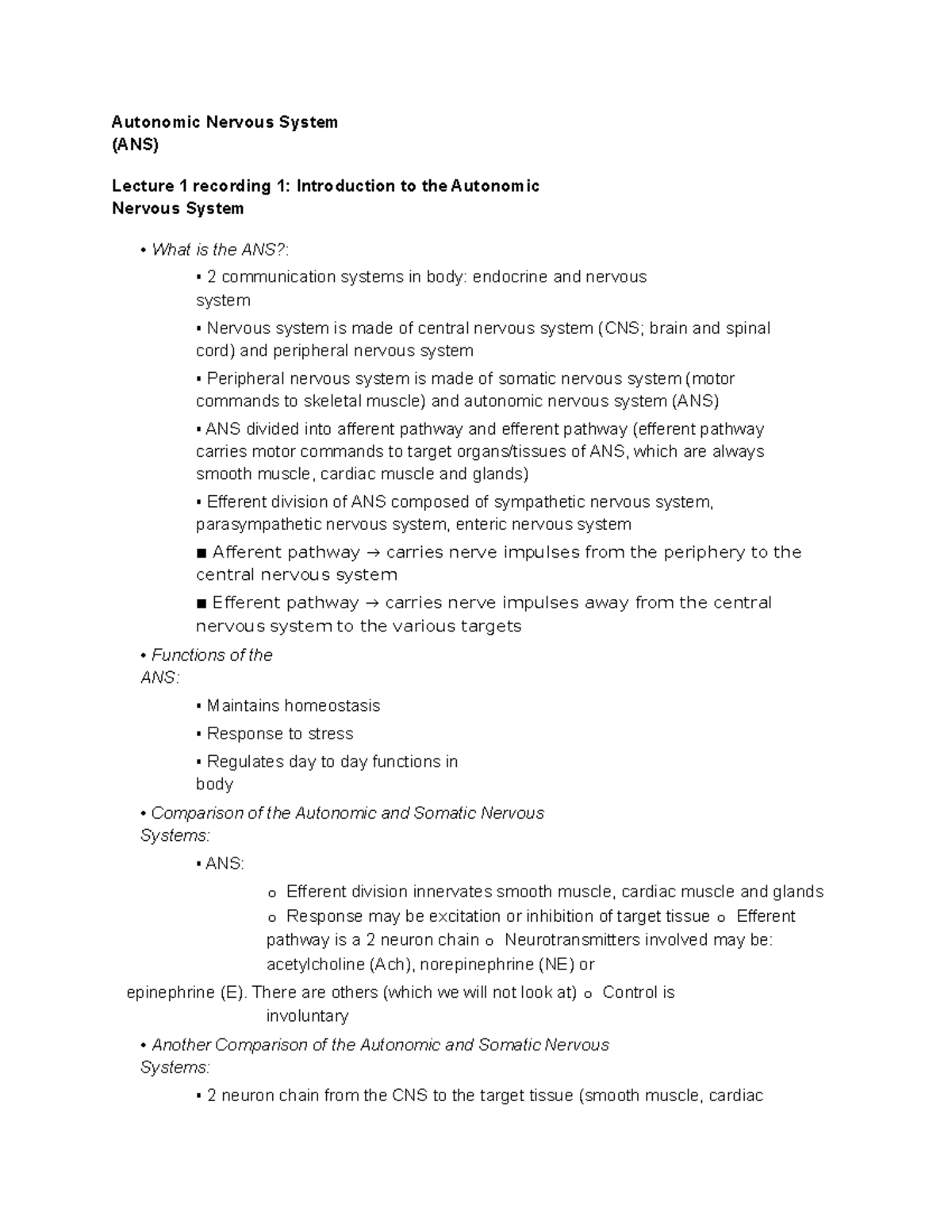 Study Notes - Autonomic Nervous System - Autonomic Nervous System (ANS ...