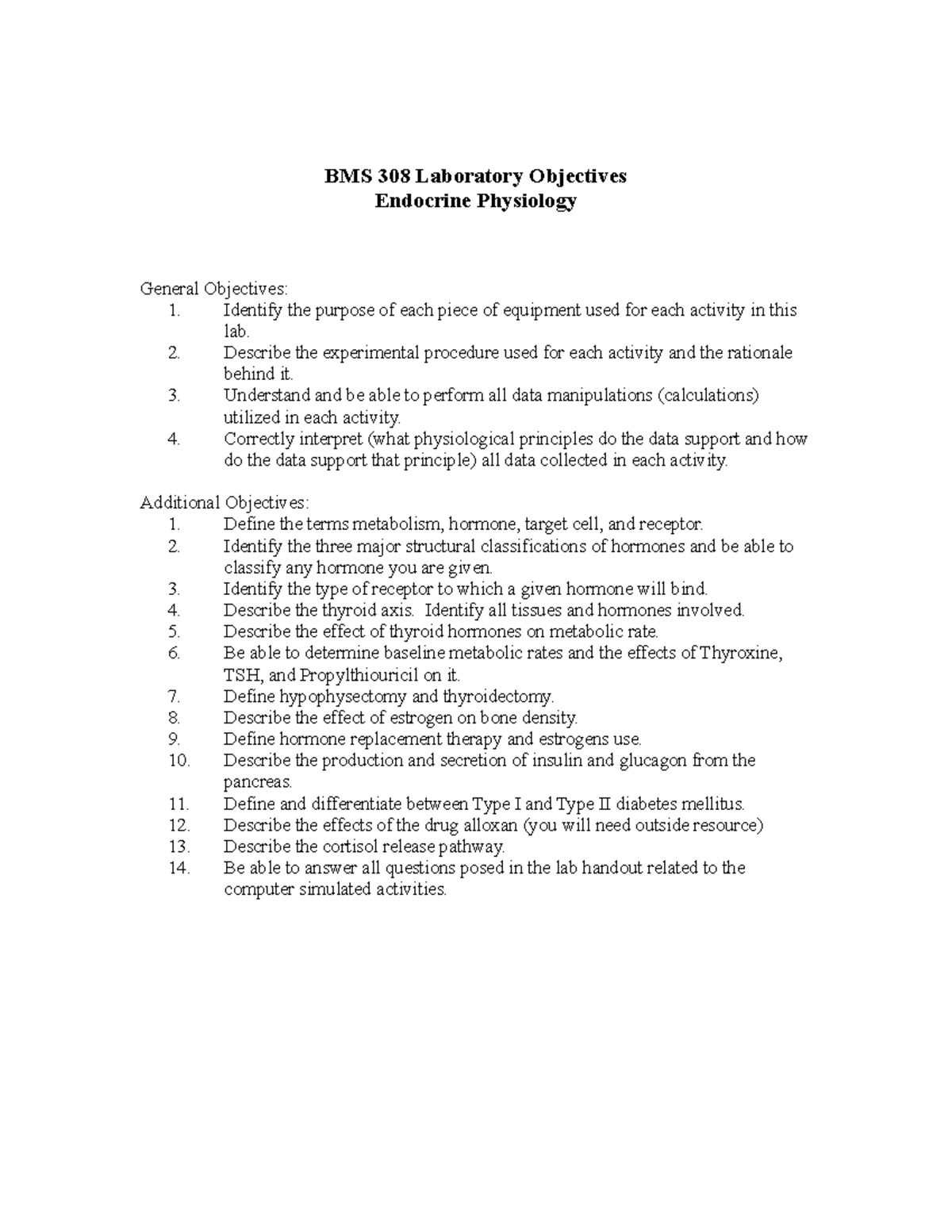 Endocrine objectives - BMS 308 Laboratory Objectives Endocrine ...