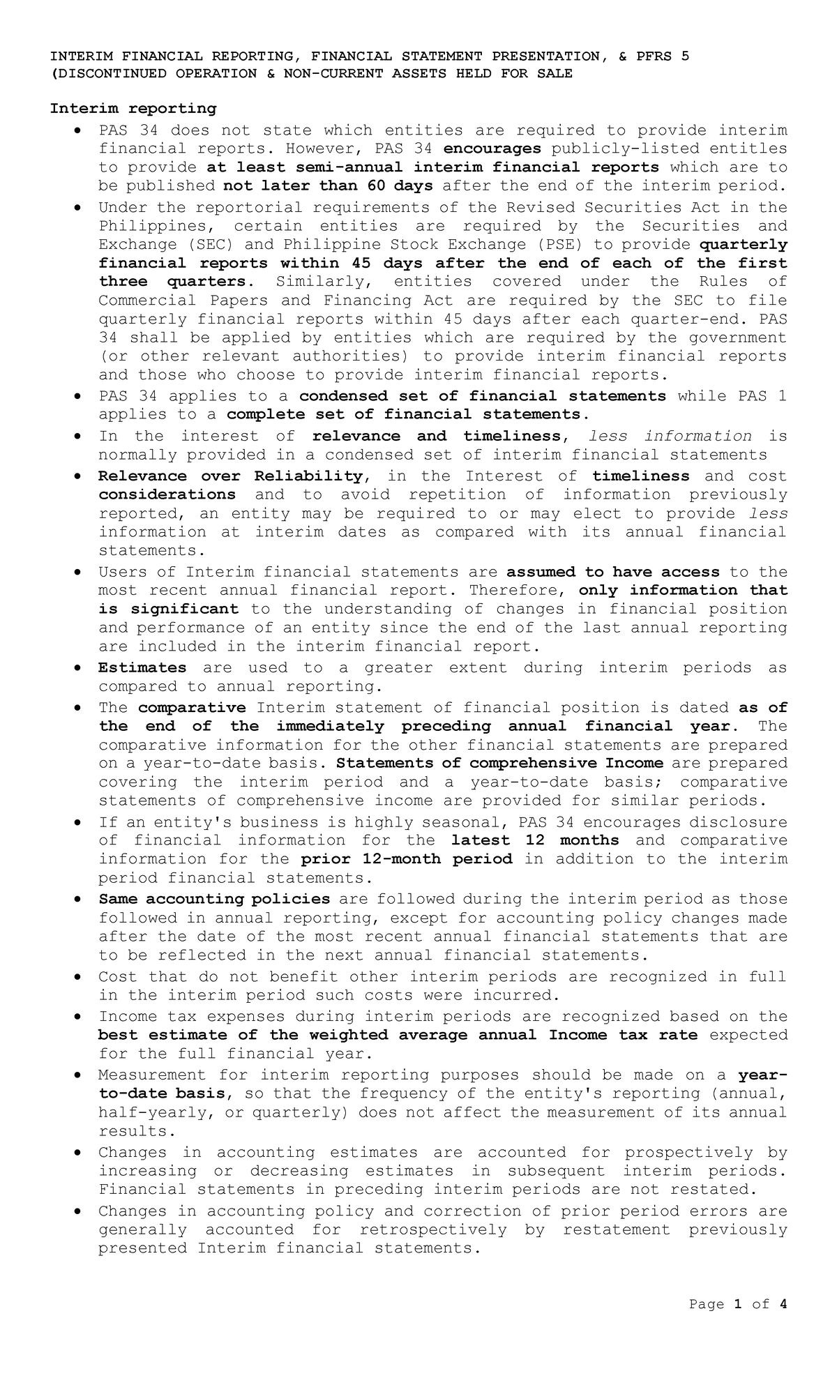 Notes ON Interim Financial Reporting FS Presentation PAS 1 AND PFRS 5 ...