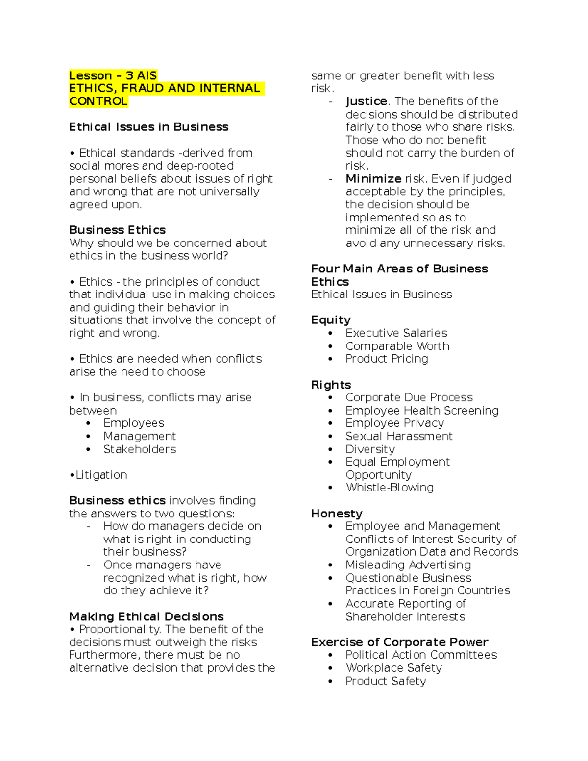 Ethics, Fraud AND Internal Control - Lesson – 3 AIS ETHICS, FRAUD AND ...