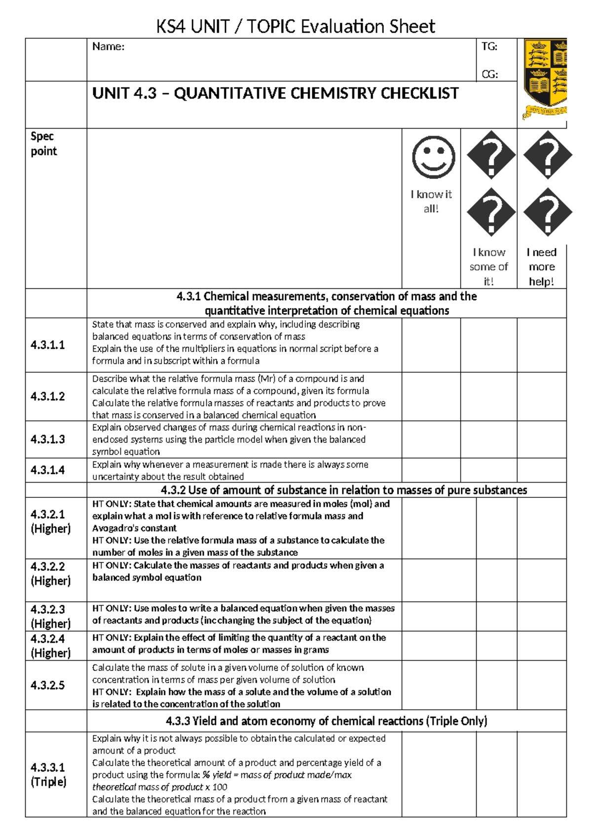 4gyiuhghnbvftyujk - KS4 UNIT / TOPIC Evaluation Sheet Name: TG: CG ...
