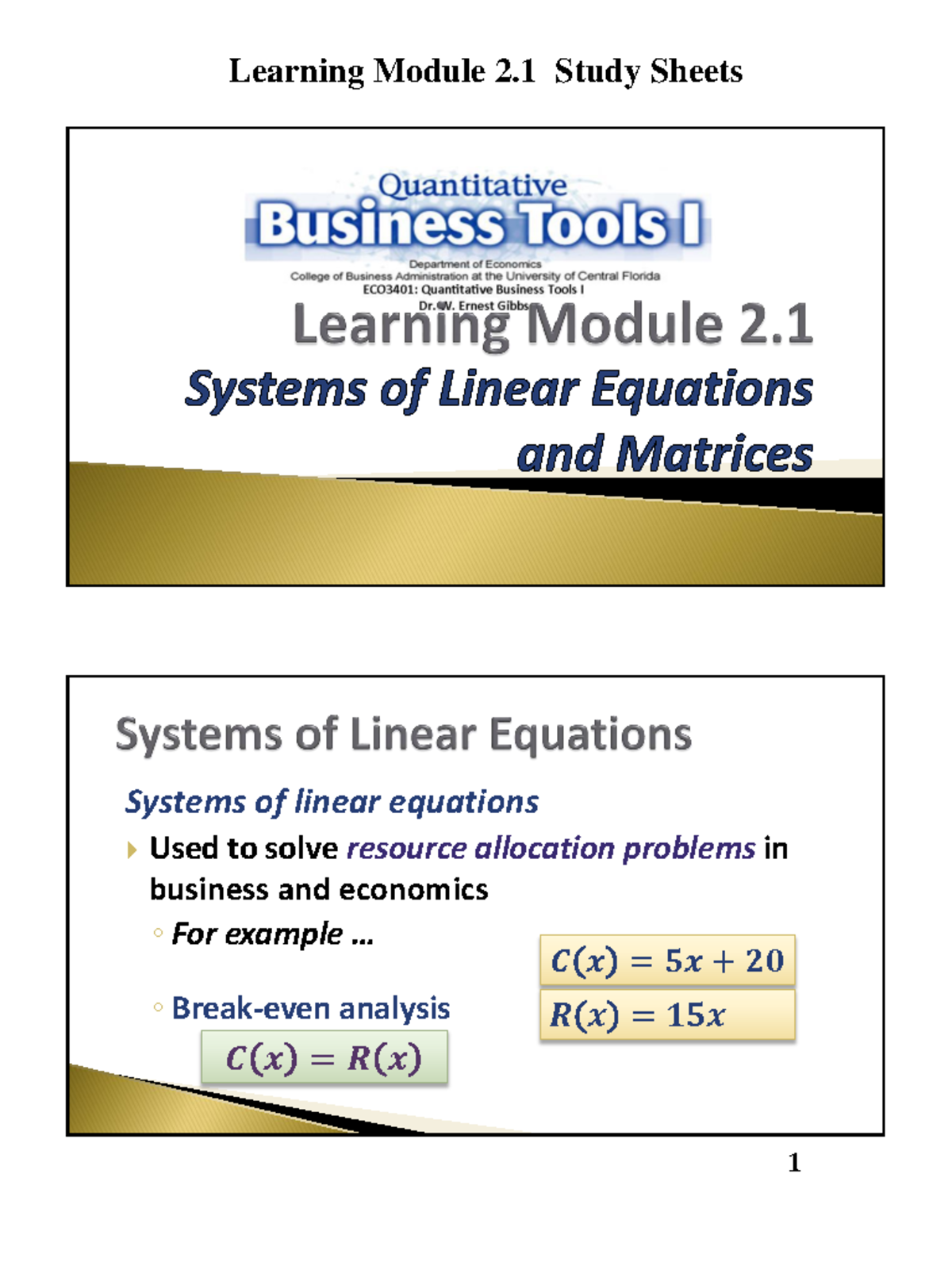 Learning Module 2 1 Study Sheets for studying - Systems of linear ...