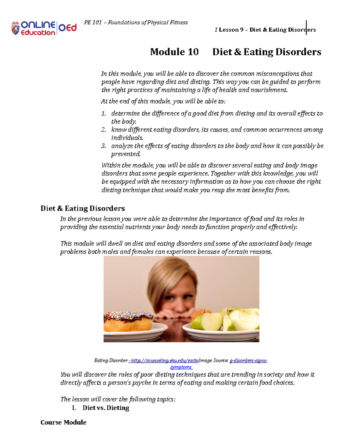 W7 Lesson 9 - Diet and Eating Disorders - Module - 1 Lesson 9 – Diet ...