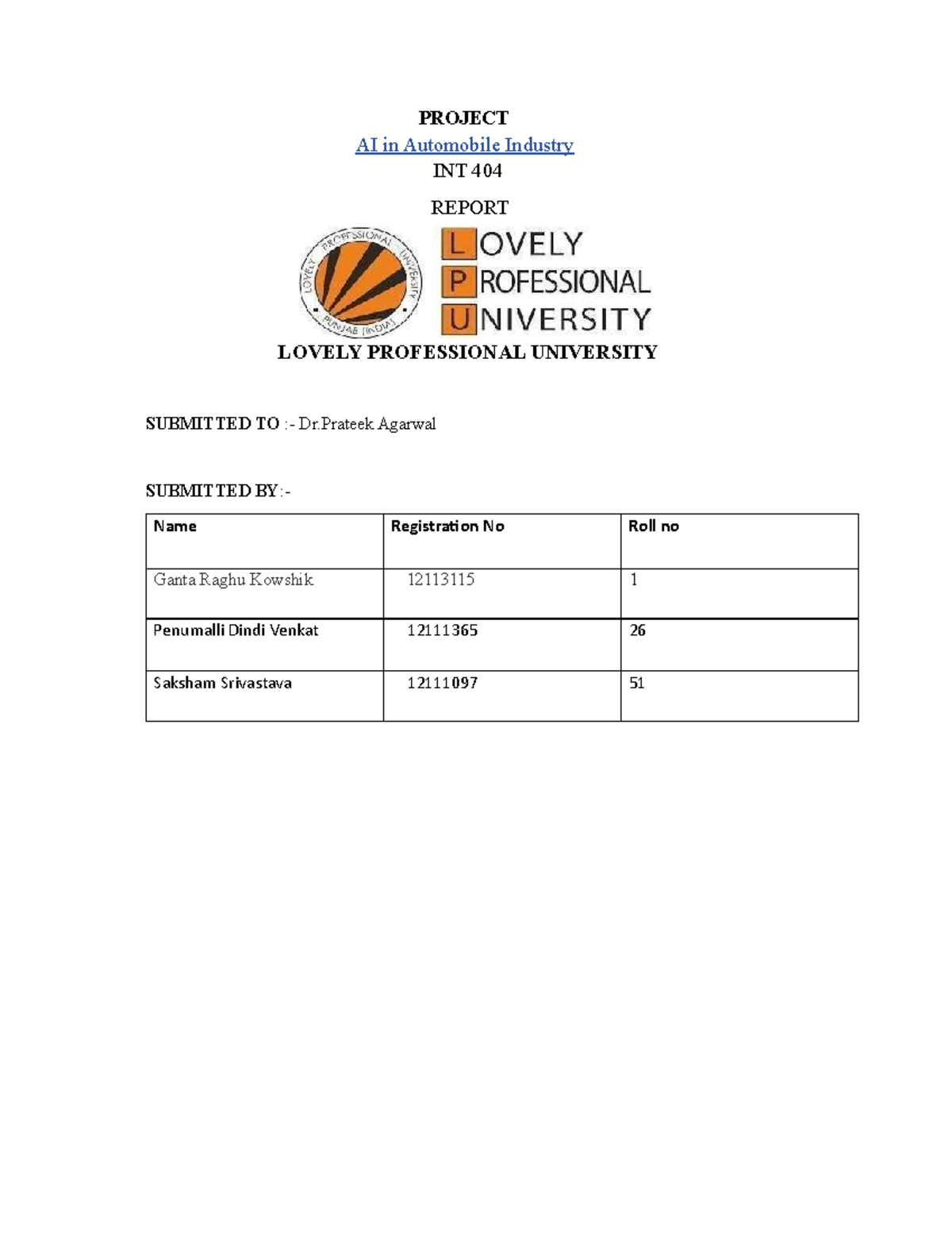 AI Report - PROJECT AI in Automobile Industry INT 404 REPORT LOVELY ...