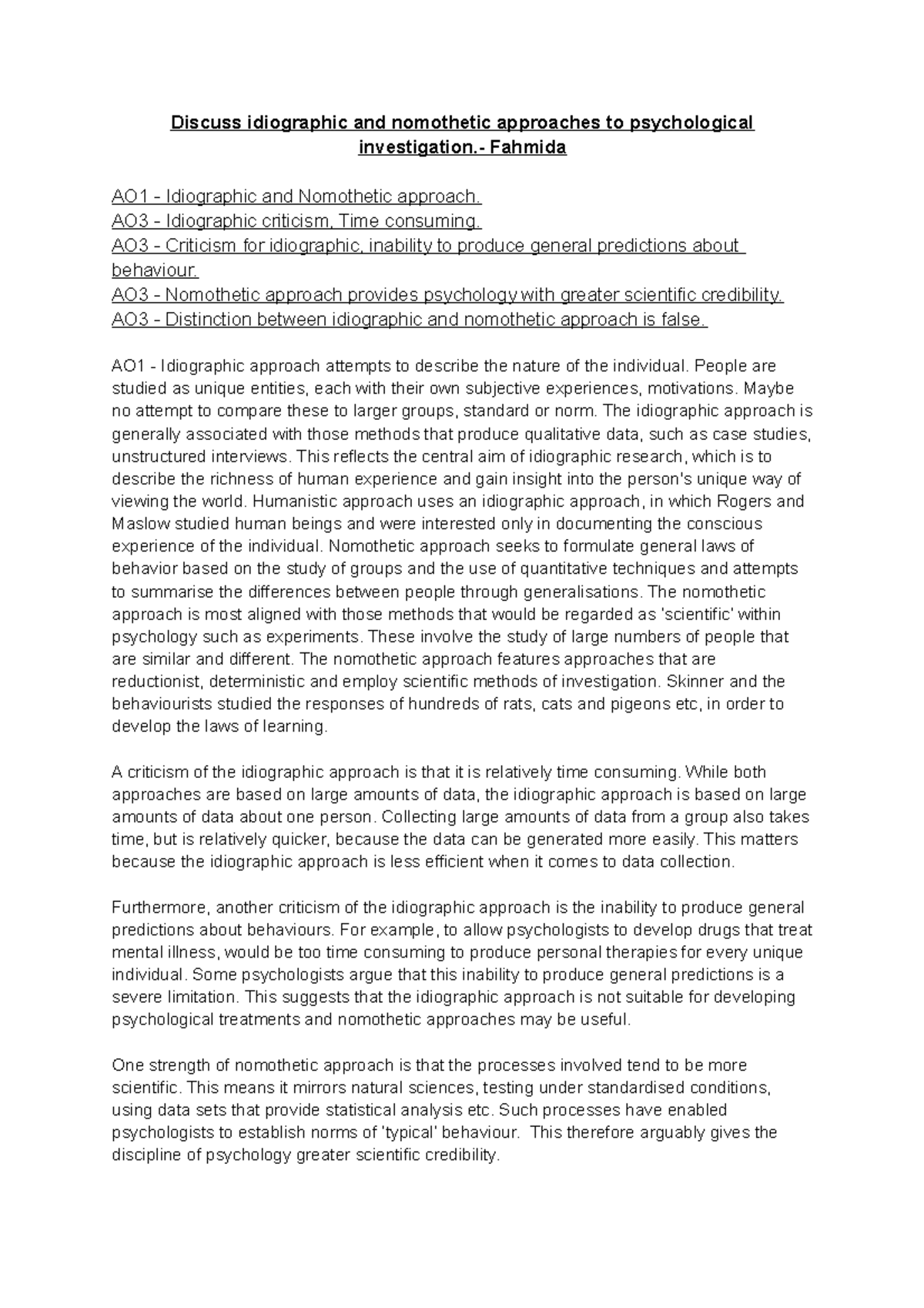 Discuss Idiographic and Nomothetic Approaches to Psychological ...