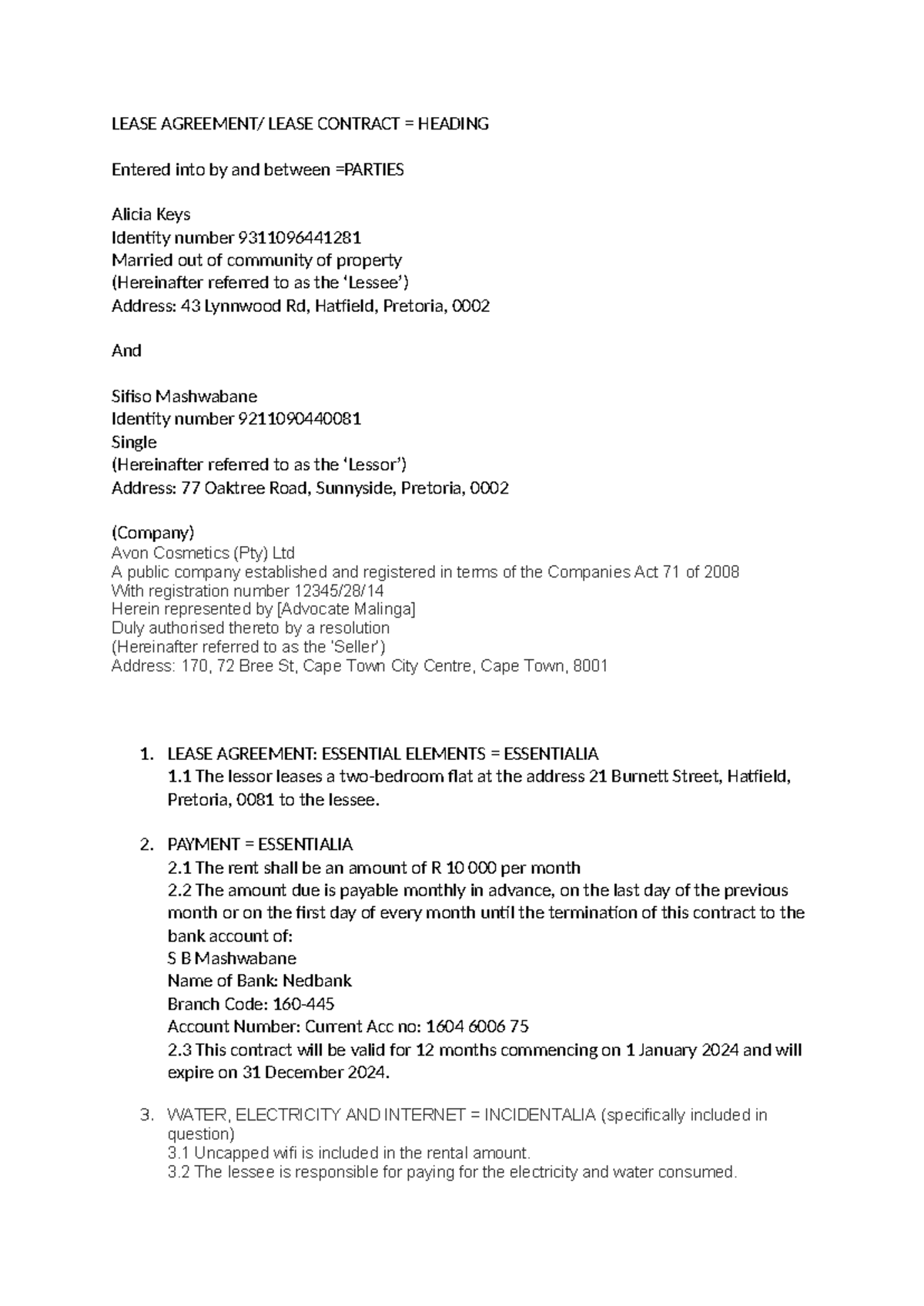 Contract of lease - LEASE AGREEMENT/ LEASE CONTRACT = HEADING Entered ...