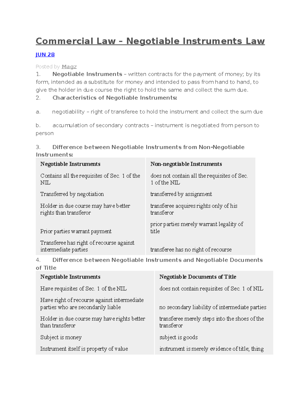 Commercial Law Negotiable Instruments La - Characteristics of ...