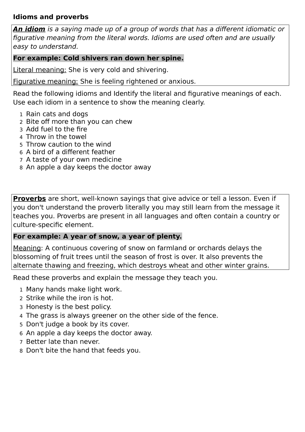 Idioms and Proverbs Worksheet with answers - Idioms and proverbs An ...