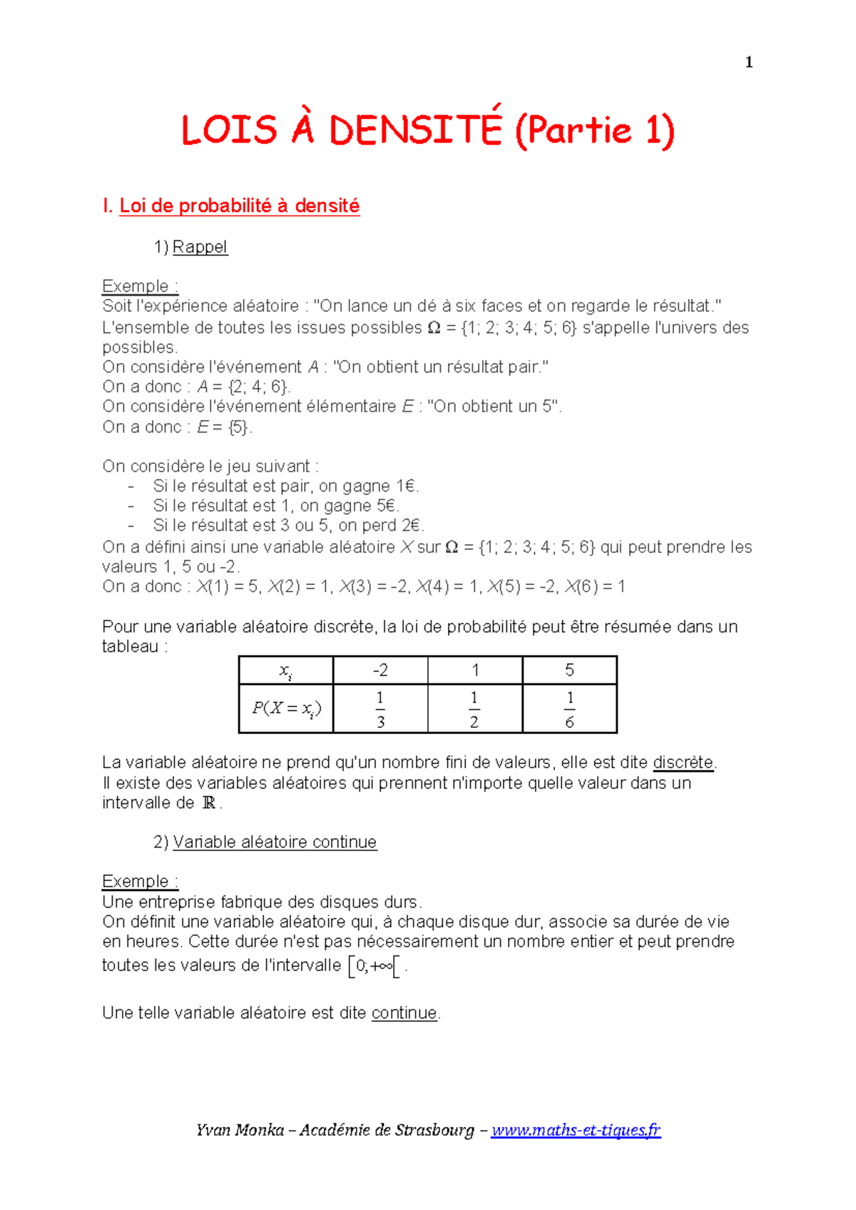Lois TS 1 - Droit - LOIS À DENSITÉ (Partie 1) ####### I. Loi de ...