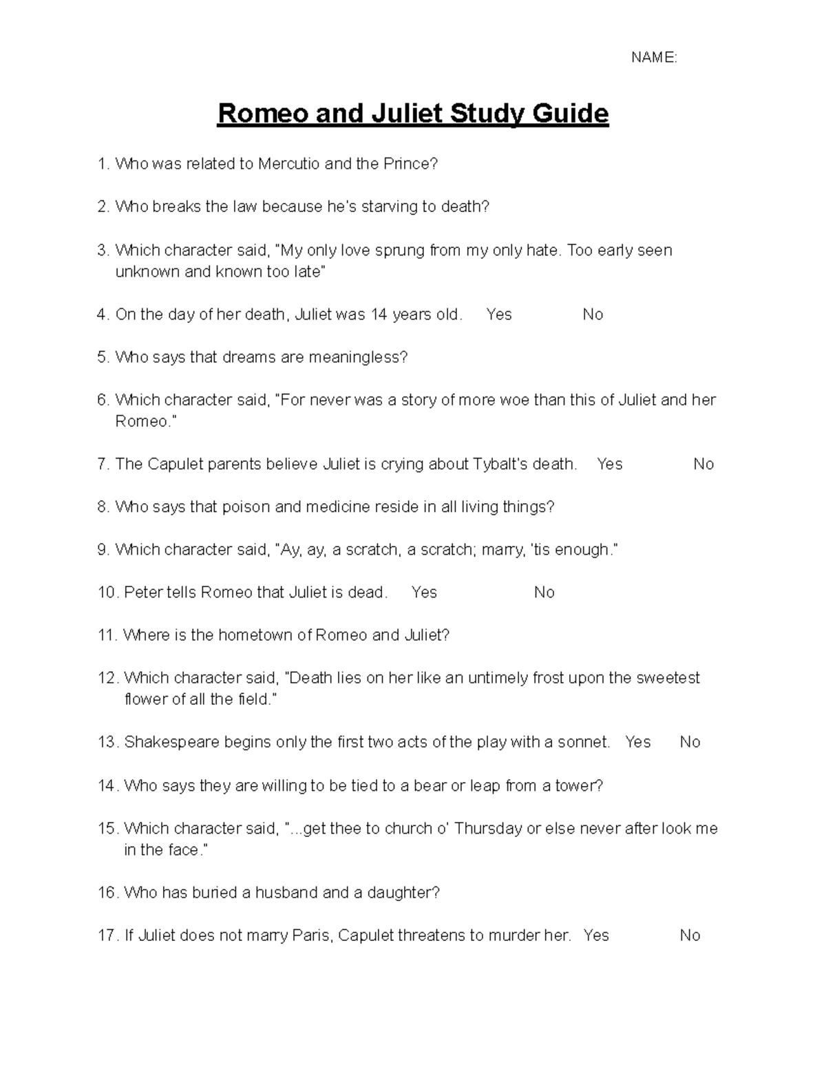 Romeo and Juliet Study Guide - NAME: Romeo and Juliet Study Guide 1 ...