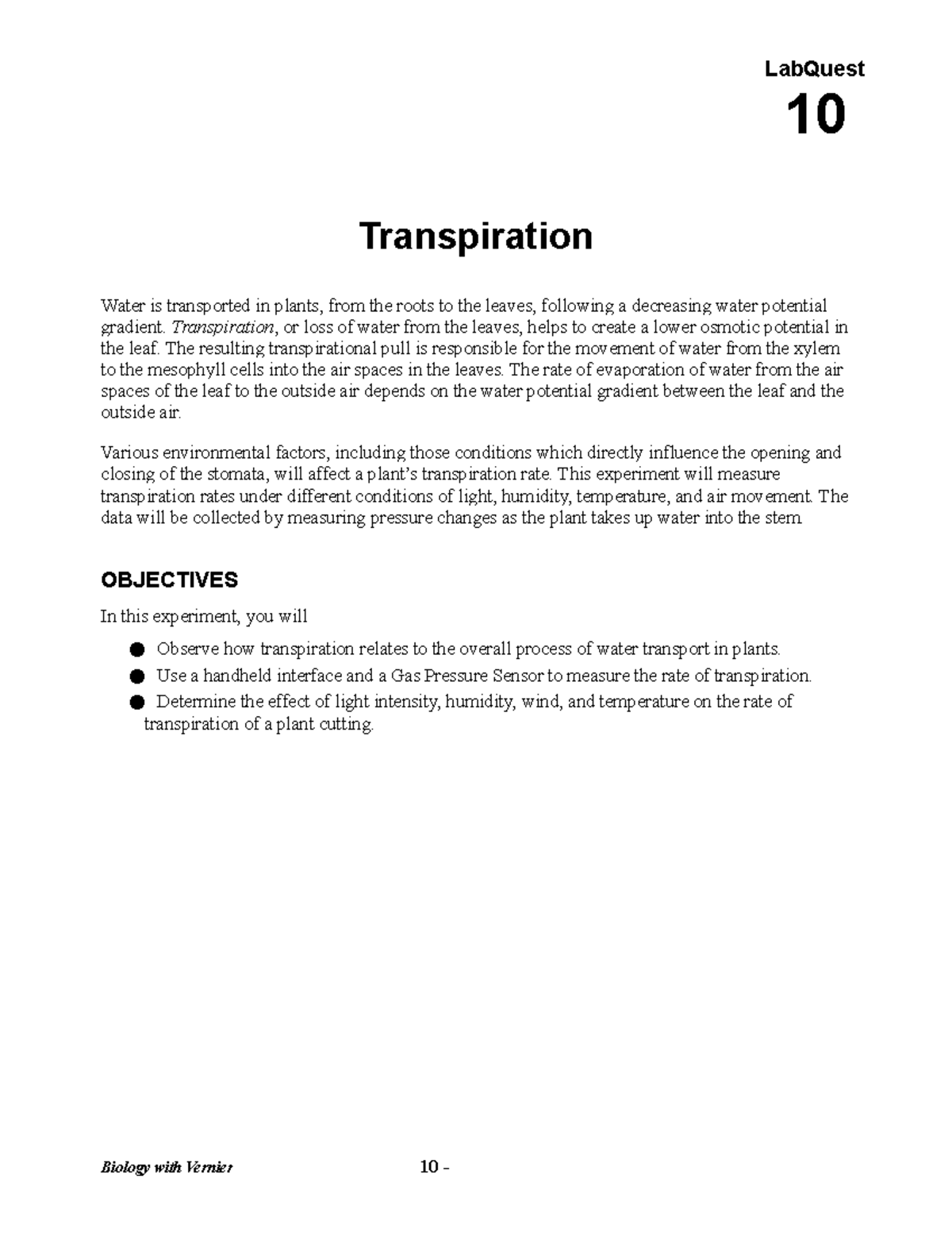 Transpiration Lab - 10 Transpiration Water is transported in plants ...