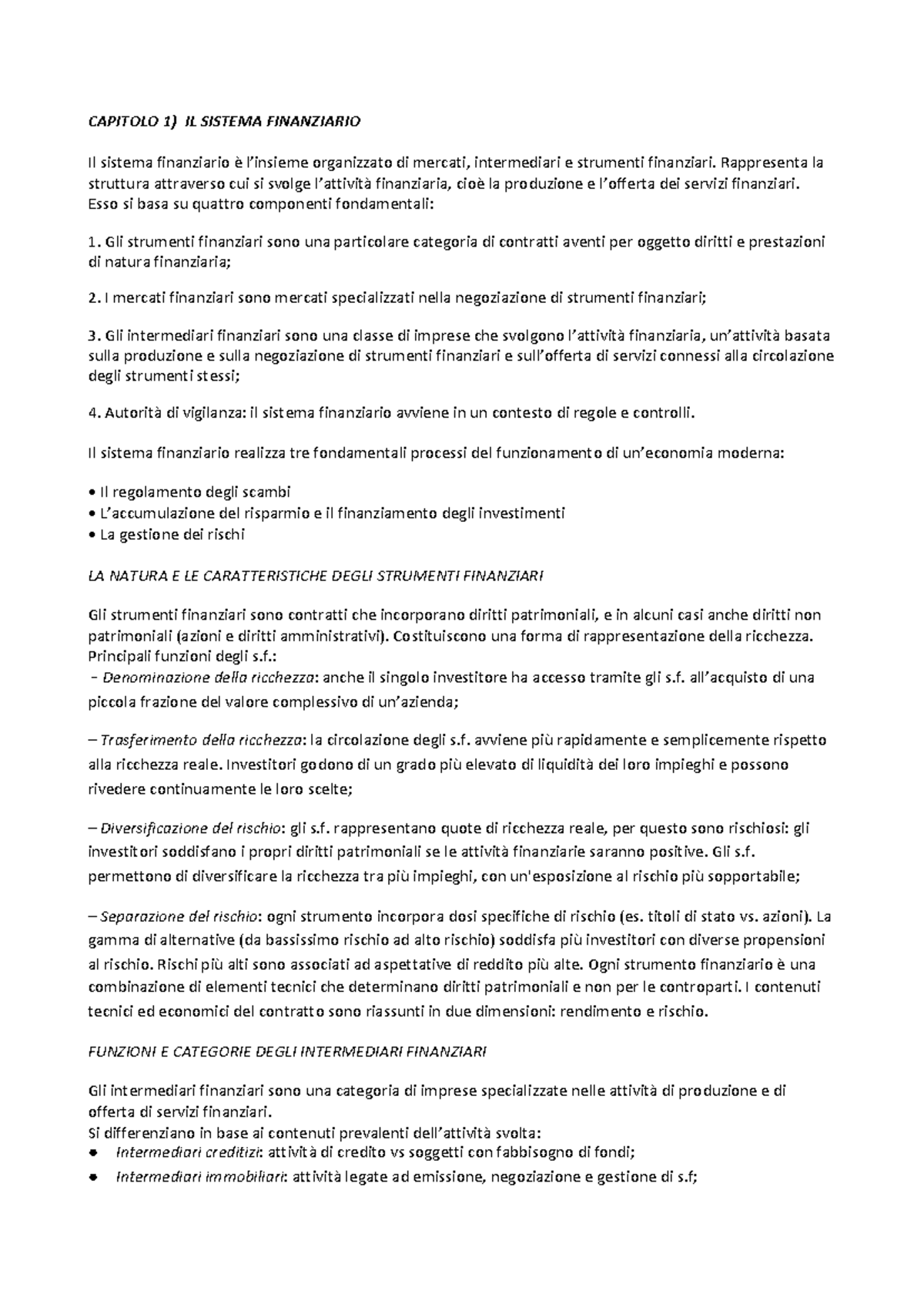 Riassunto esame SS - CAPITOLO 1) IL SISTEMA FINANZIARIO Il sistema ...