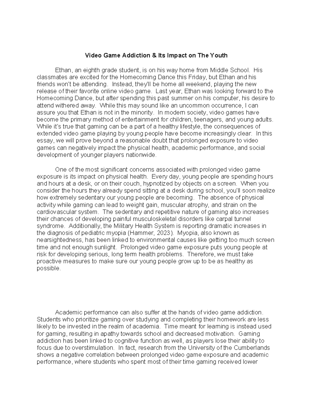 Argumentative Essay Eng Comp 1 Sophia - Video Game Addiction & Its ...