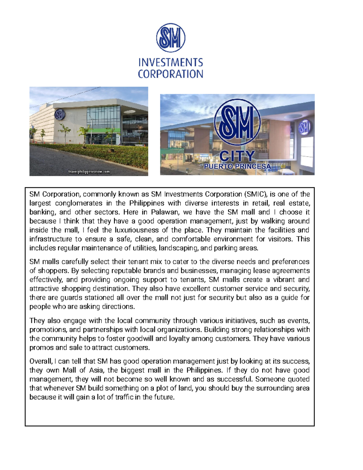 Operation Management - SM Corporation, commonly known as SM Investments ...