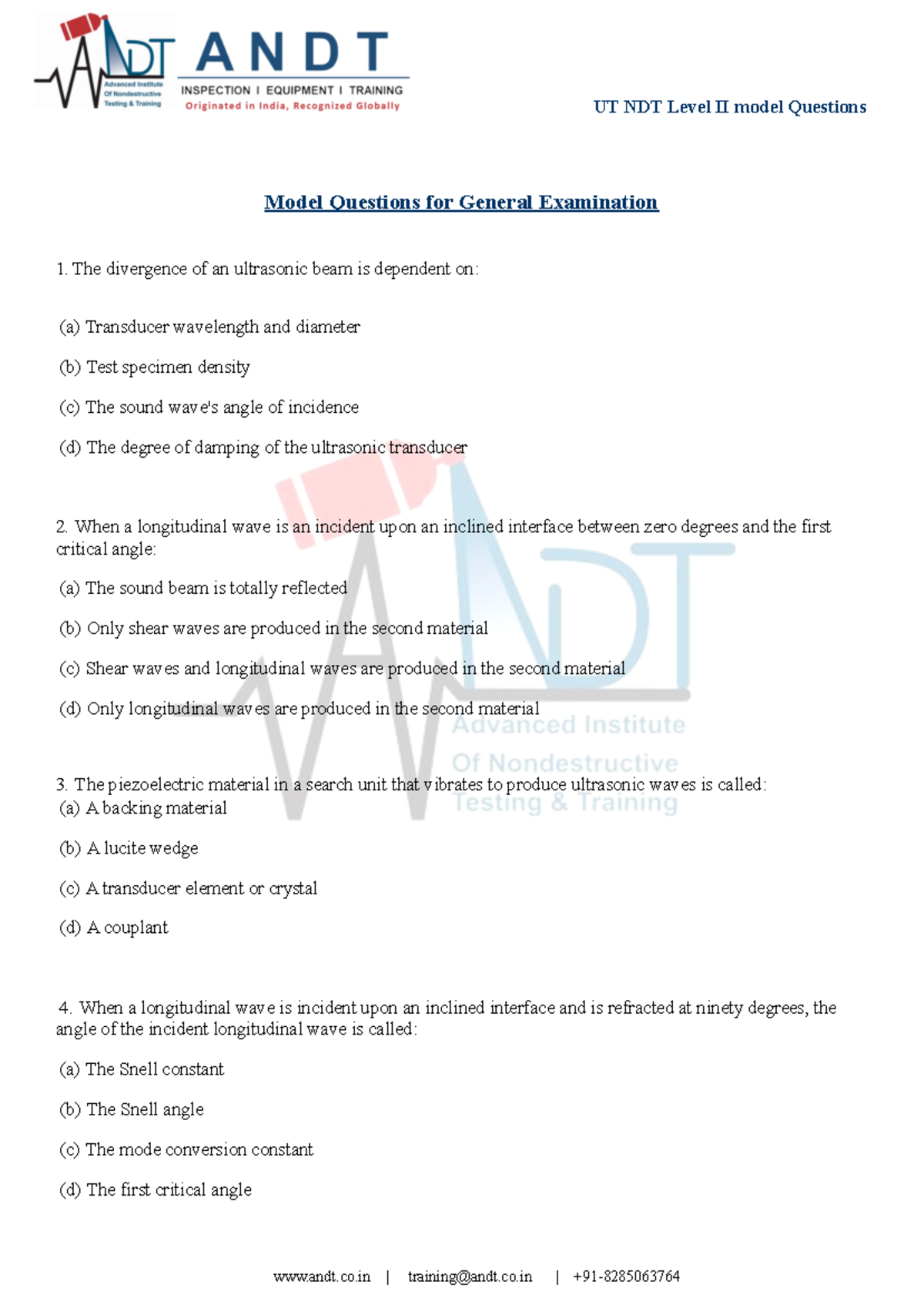ANDT UT test - Practice exam - Model Questions for General Examination ...