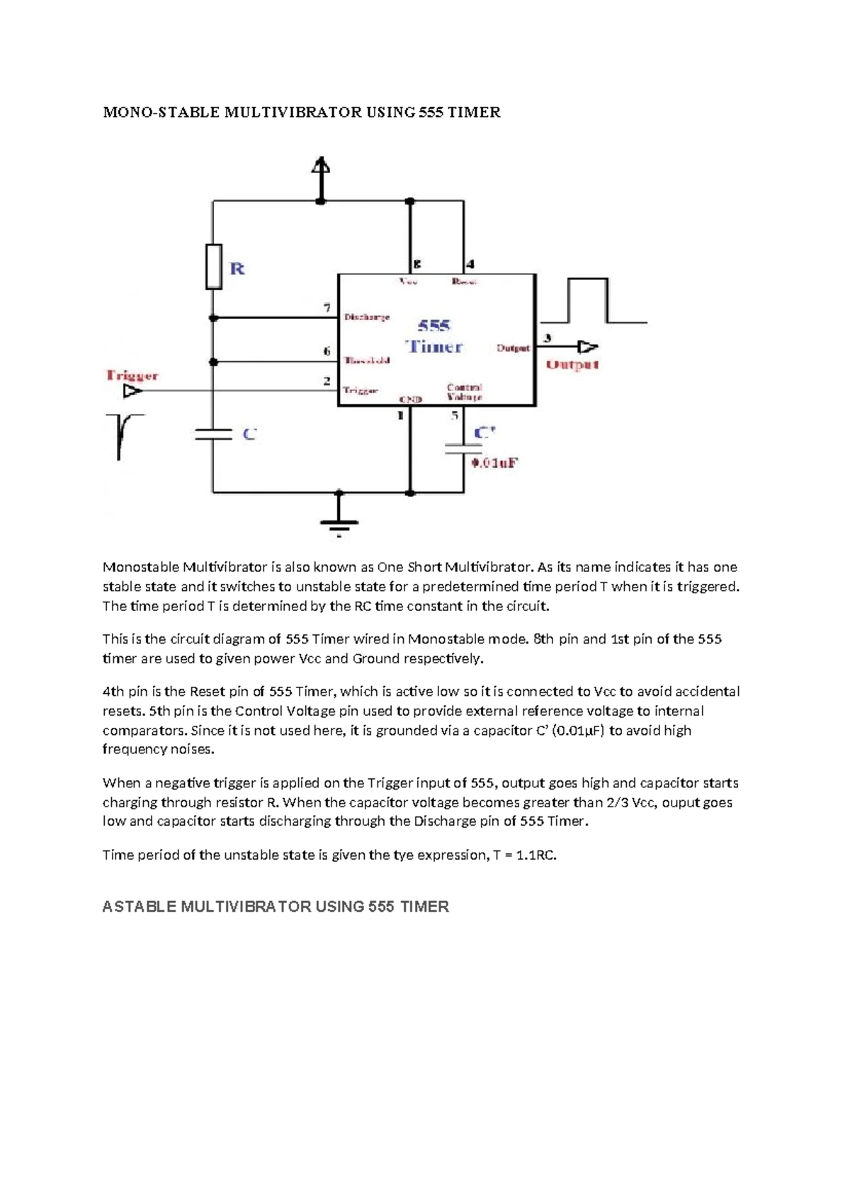 Multivibrator using IC 555 - MONO-STABLE MULTIVIBRATOR USING 555 TIMER Monostable Multivibrator ...