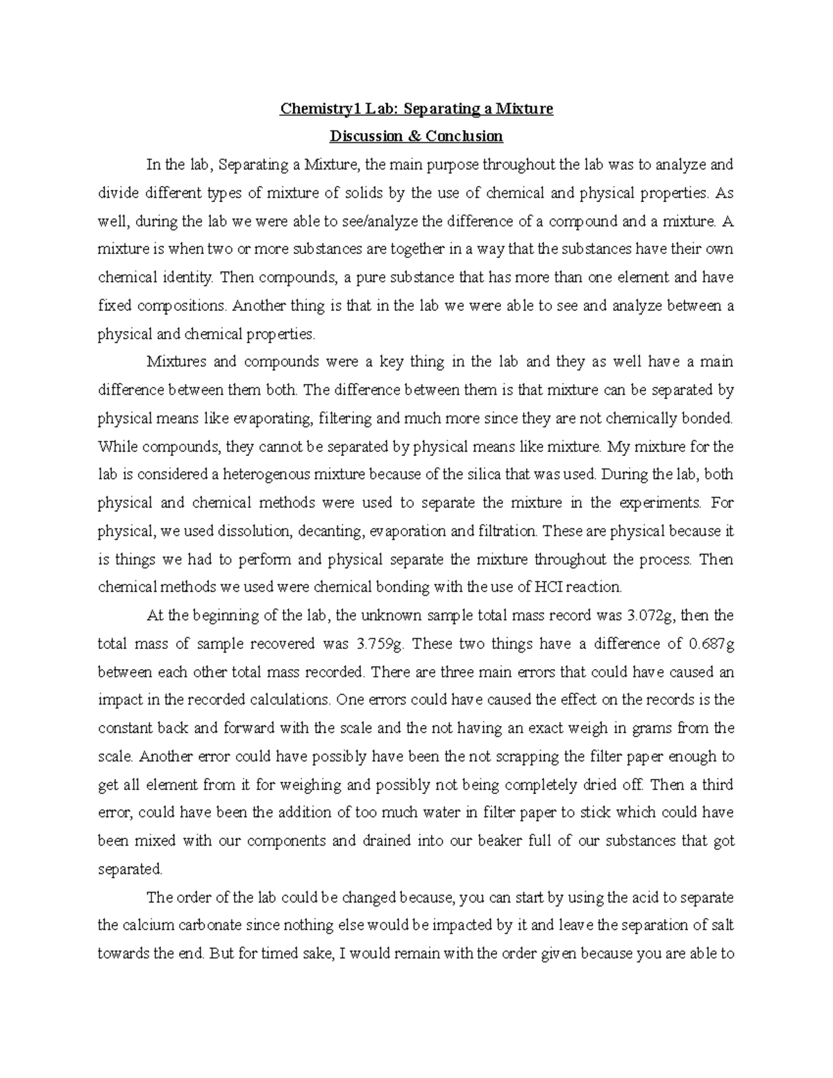 Chemistry 1 Lab D&C 2 - Discussion and Con - Chemistry1 Lab: Separating ...