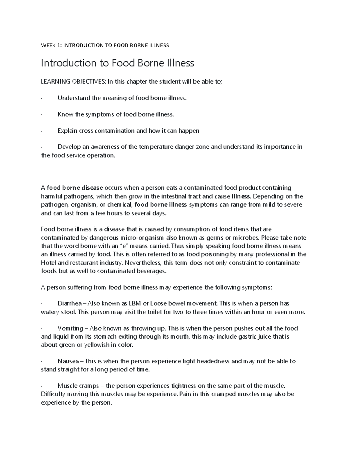 Risk Mgmt Prelim Module - WEEK 1: INTRODUCTION TO FOOD BORNE ILLNESS ...