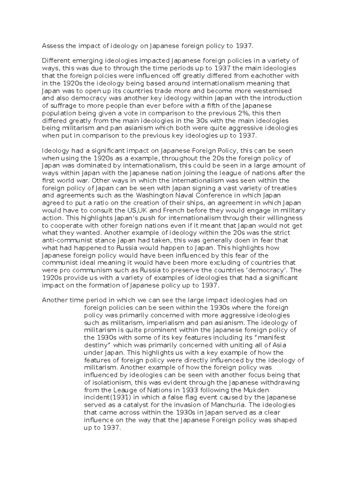Foreign policy draft essay - Assess the impact of ideology on Japanese ...