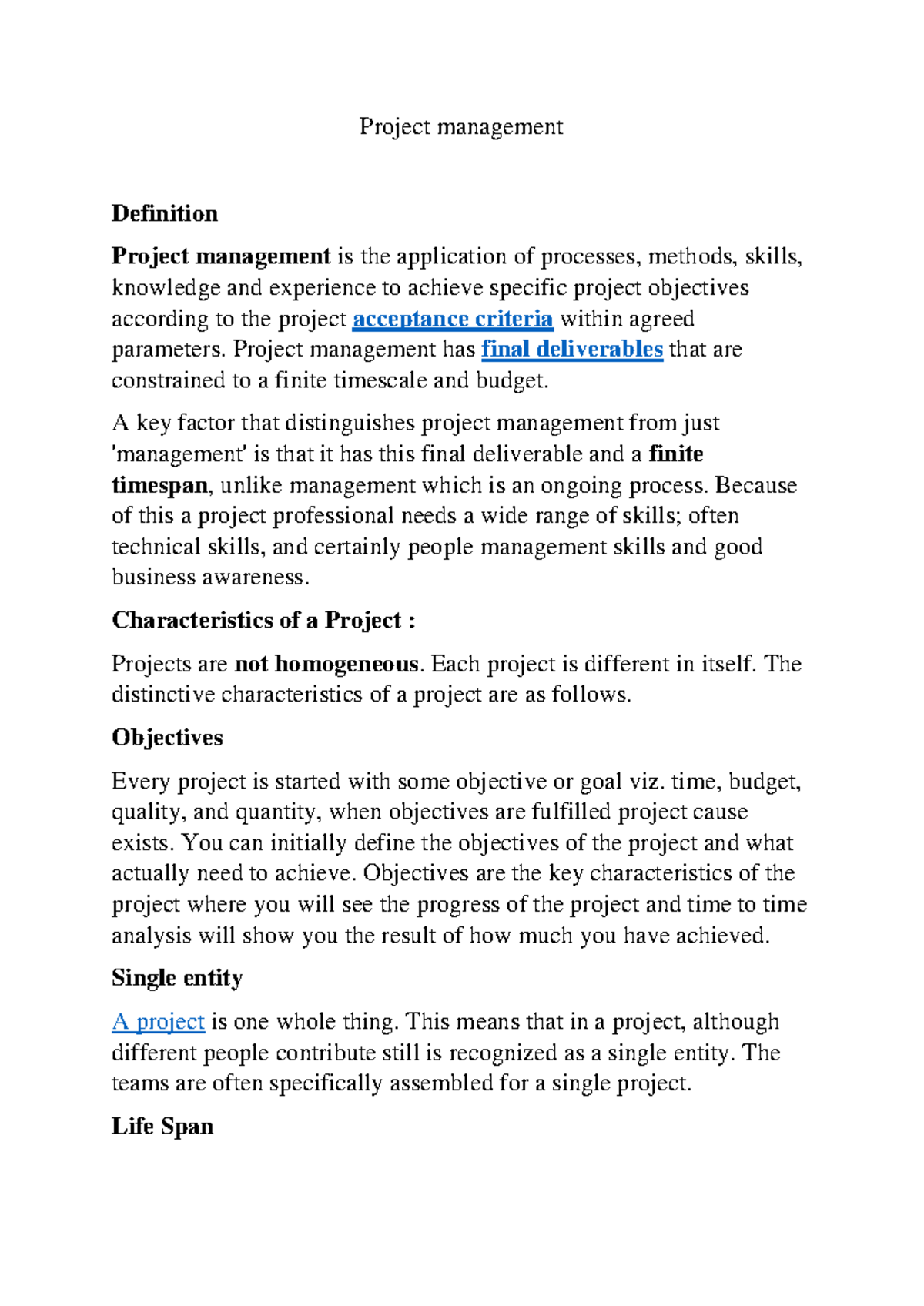 Project managment notes - Project management Definition Project ...