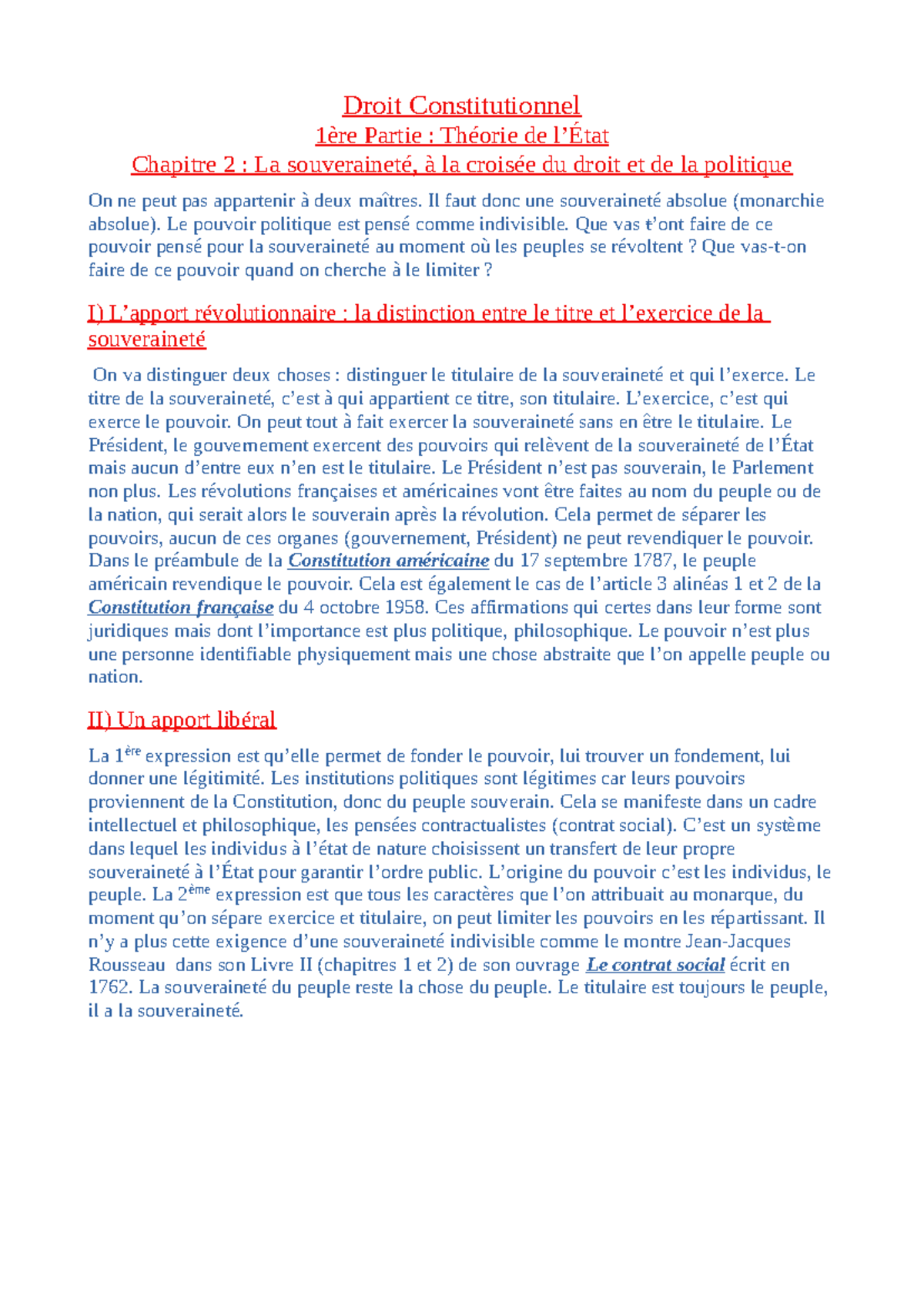 I) Chapitre 2 La souveraineté - Droit Constitutionnel 1ère Partie : Théorie de l’État Chapitre 2 ...
