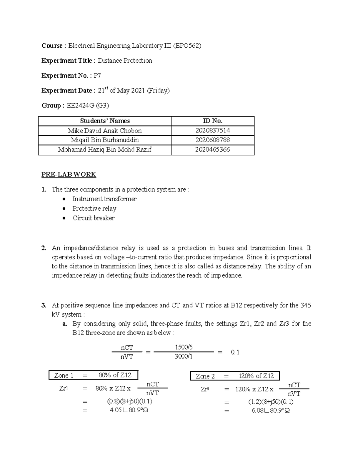 EPO562 P7 G3 Prelab - Pre-lab for experiment P6 for Electrical Engineering Laboratory III ...
