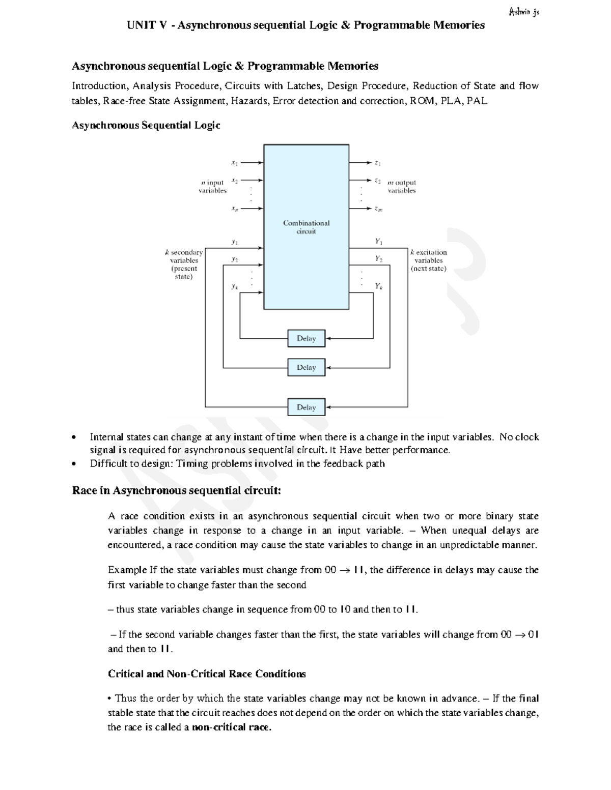 Stld-unit-5 - Very useful - UNIT V - Asynchronous sequential Logic & Programmable Memories - Studocu