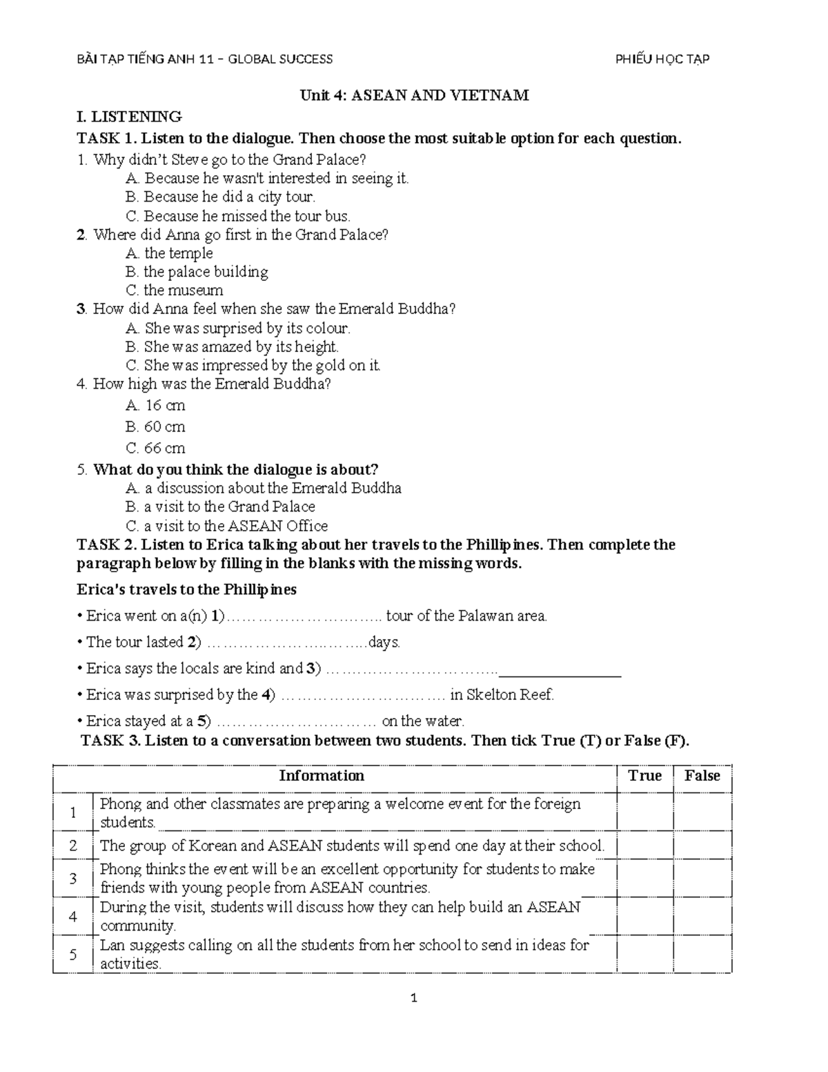 Unit-4-HS - tytyty - Unit 4: ASEAN AND VIETNAM I. LISTENING TASK 1 ...