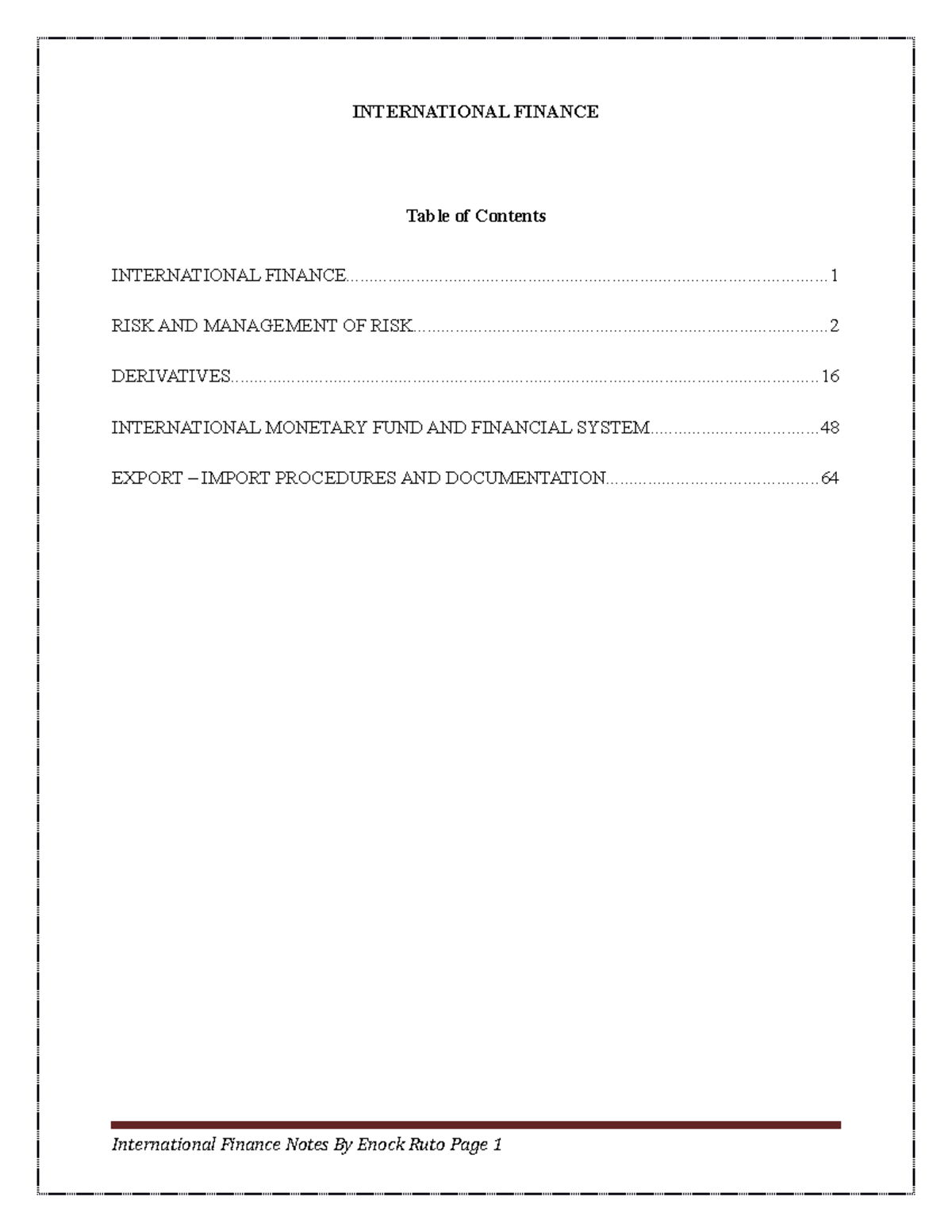 International Finance Notes - INTERNATIONAL FINANCE Table of Contents ...