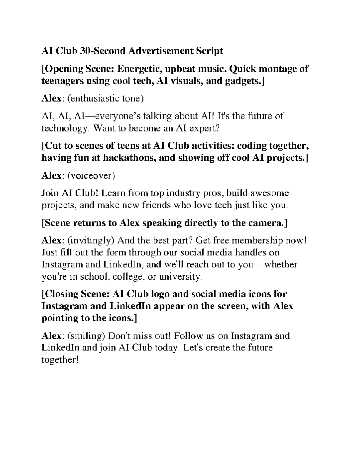 AI ADD Script - AI Club 30-Second Advertisement Script [Opening Scene ...