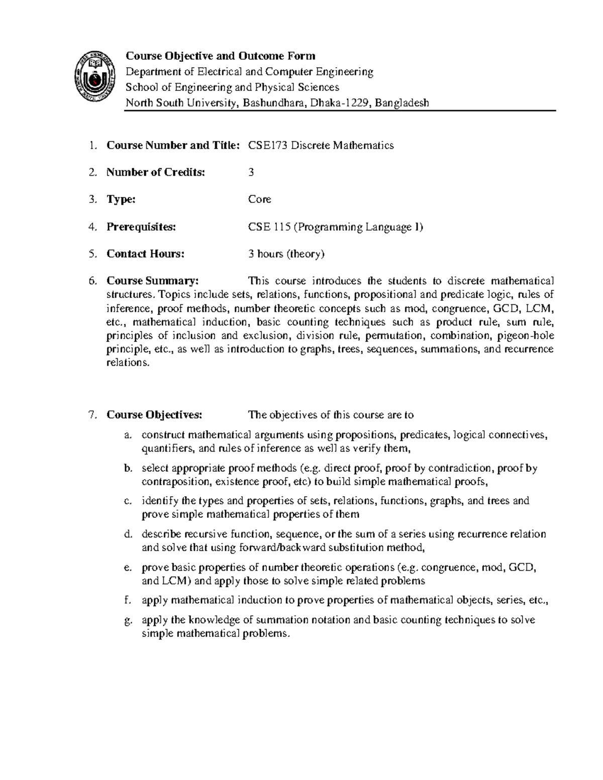 Course Objective and Outcome Form - Course Objective and Outcome Form Department of Electrical ...