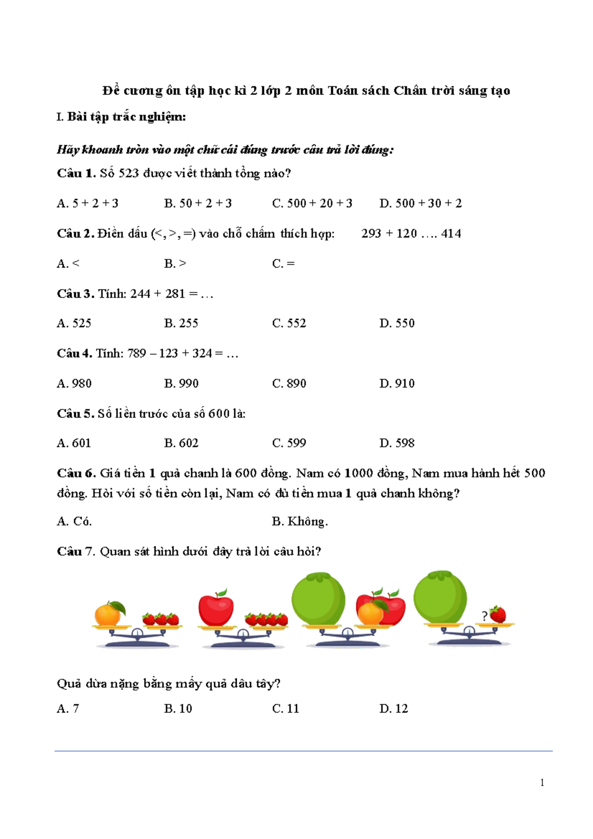 Đề cương toán lớp 2 - Math - Đề cương ôn tập học kì 2 lớp 2 môn Toán ...